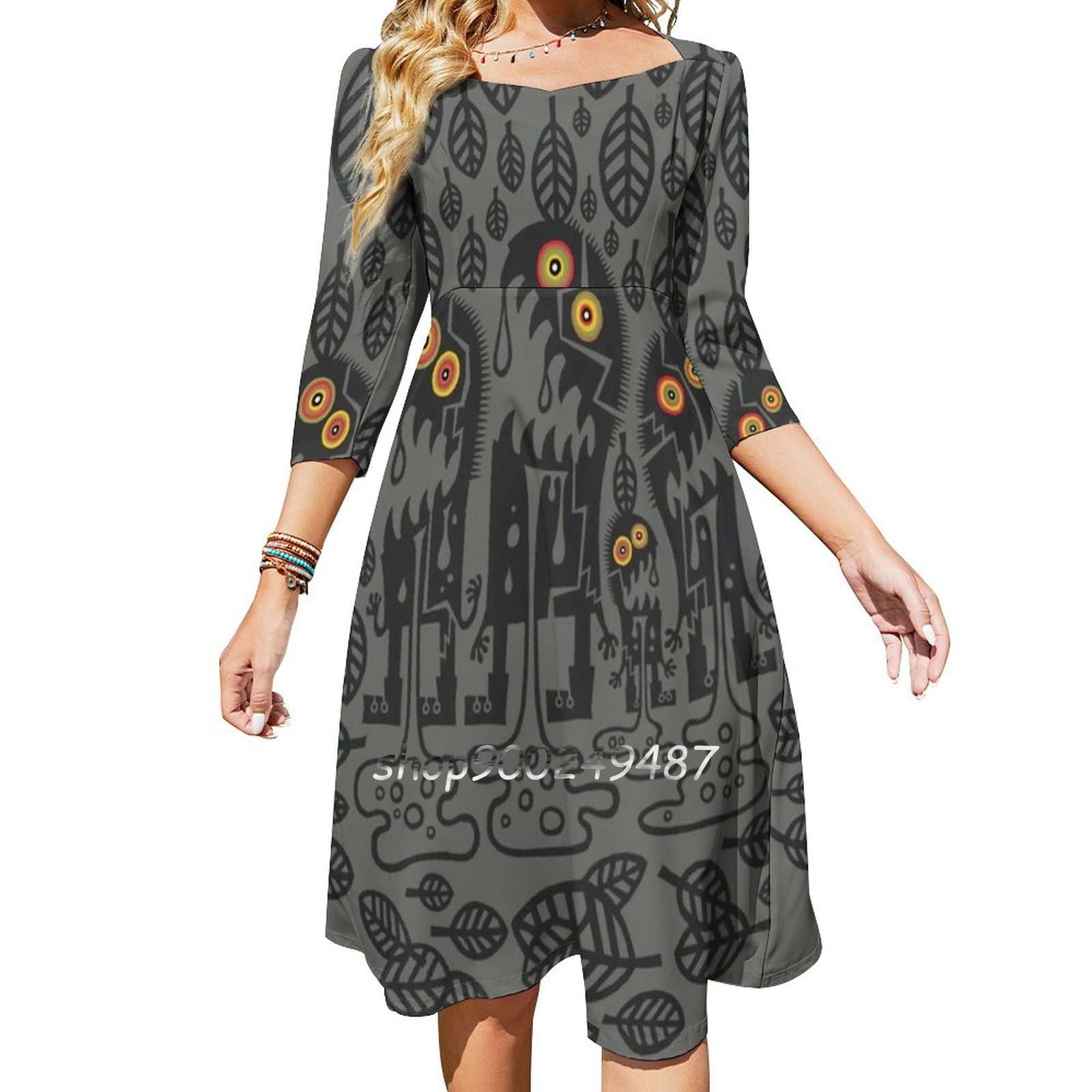 Autumn Leaves Square Neck Dress Cute Loose Print Dresses Elegant Beach ...