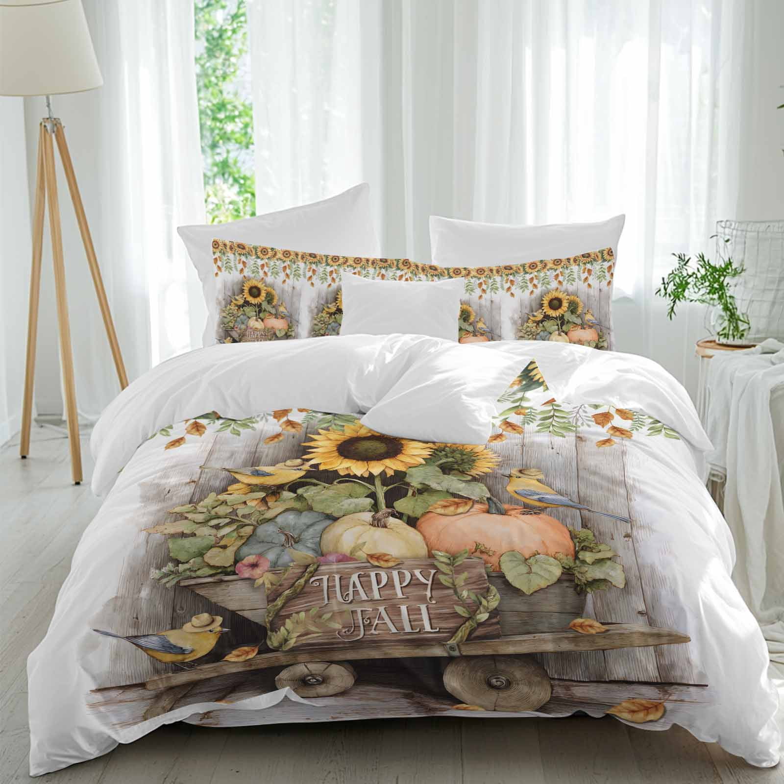 Autumn Leaves Sunflower Pumpkin Cart Bird Soft Breathable Bedding Set ...