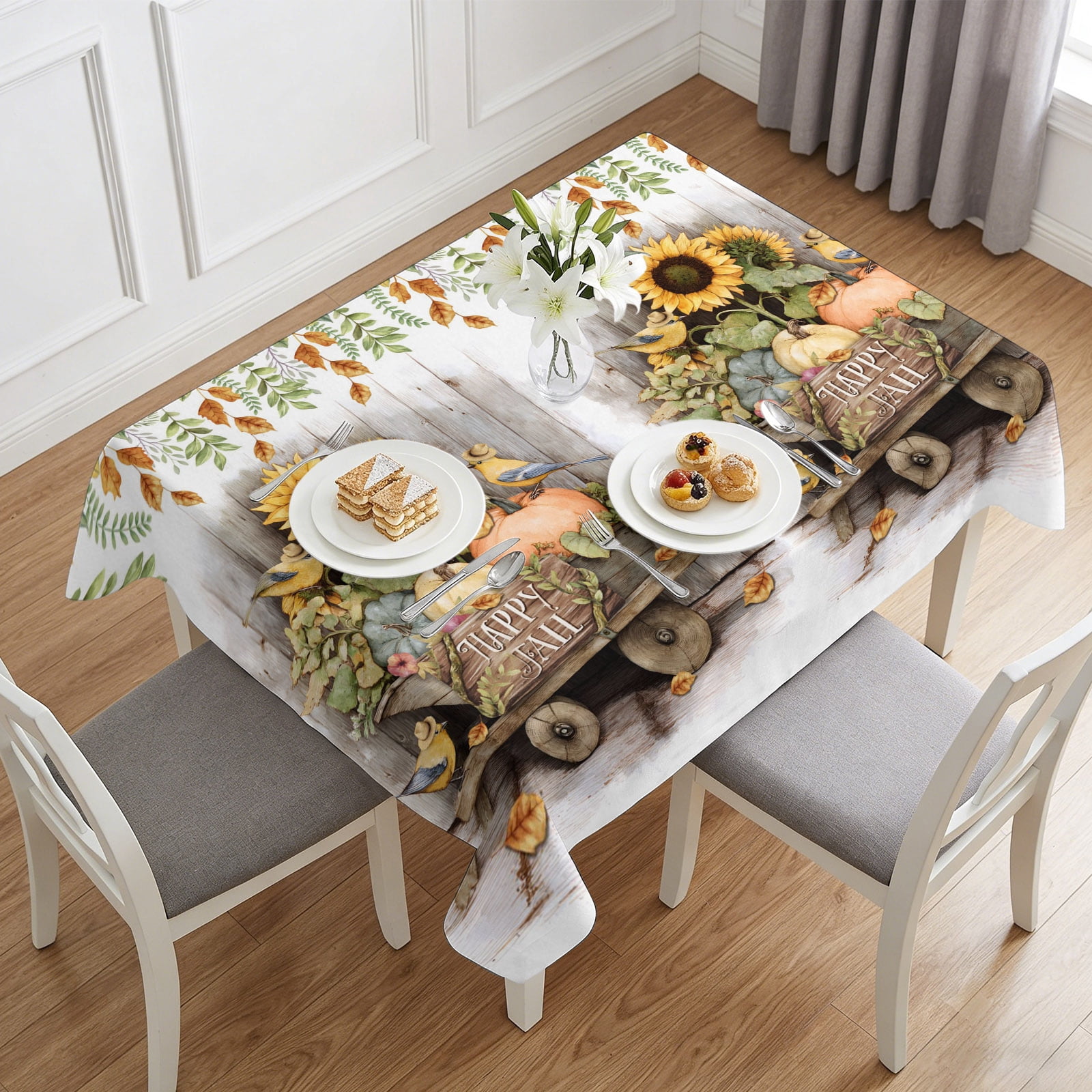 Autumn Leaves Sunflower Pumpkin Cart Bird Table Cloth 60x84in ...