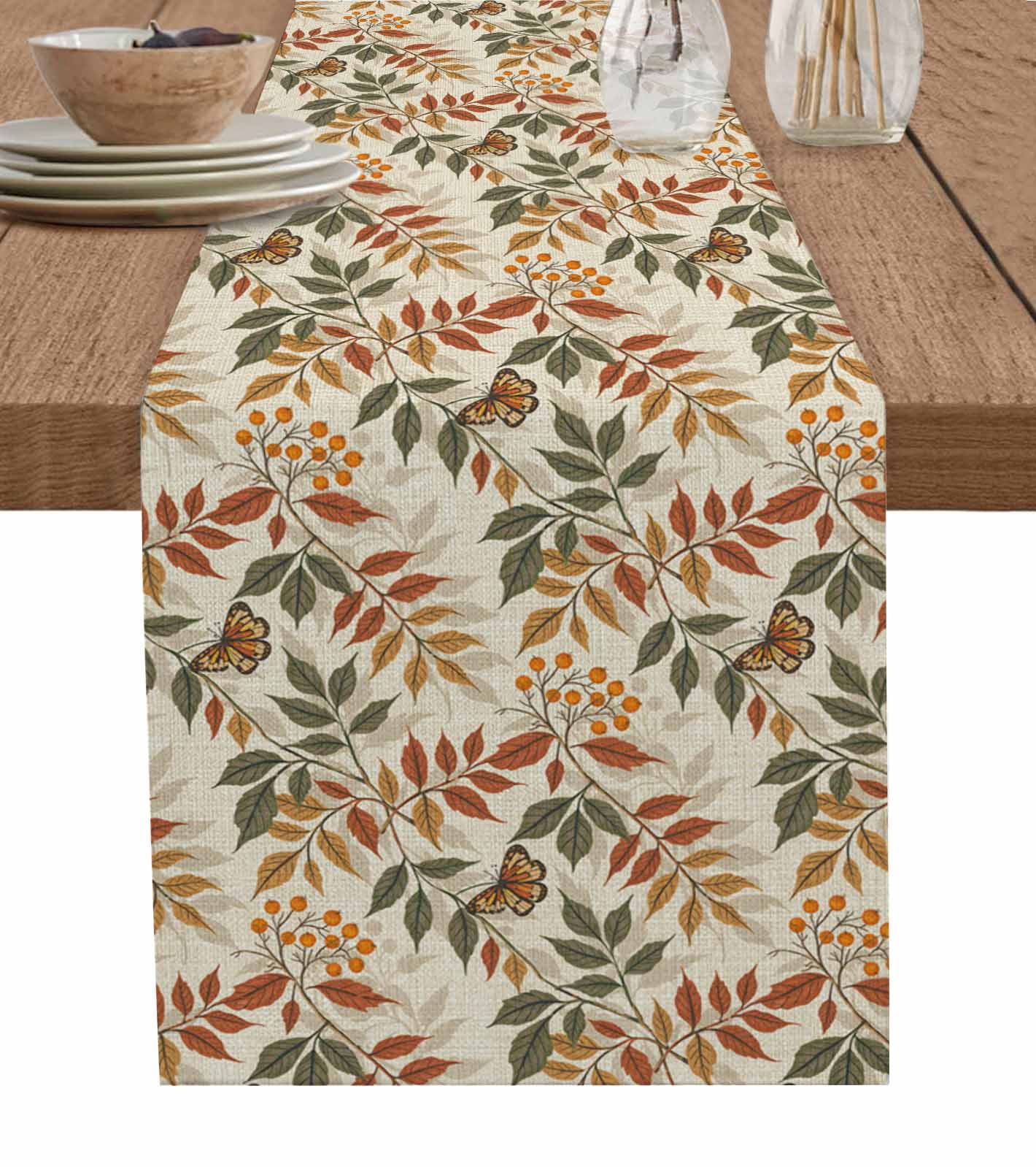 Autumn Leaves Table Runner 90 Inches, Rustic Vintage Fall Botanical ...