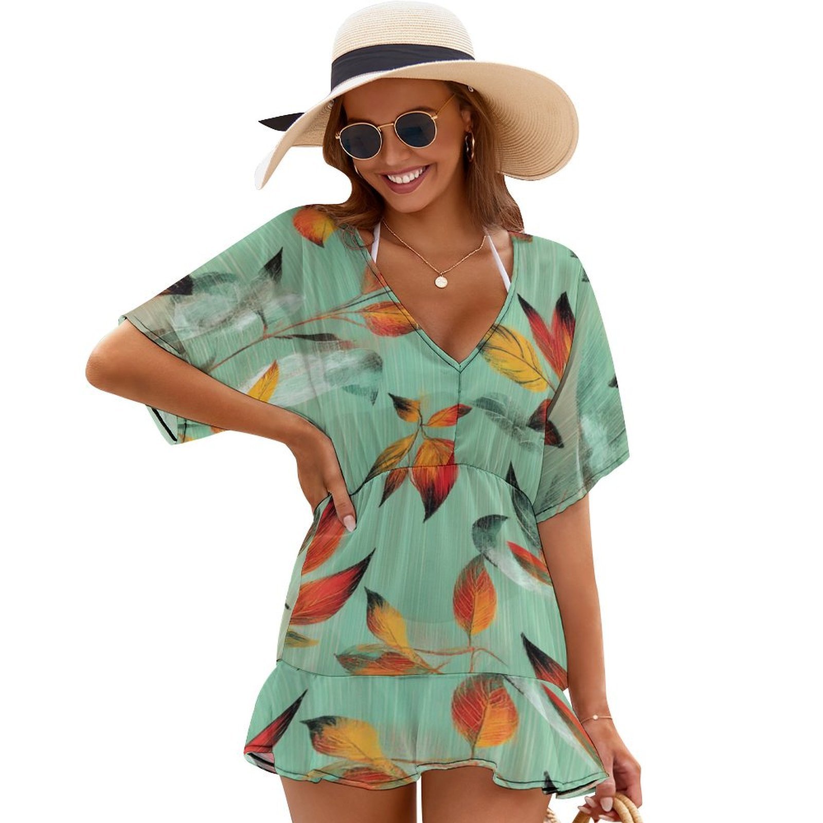 Autumn Leaves Teal Background Pattern Beach Cover Ups Women V Neck ...
