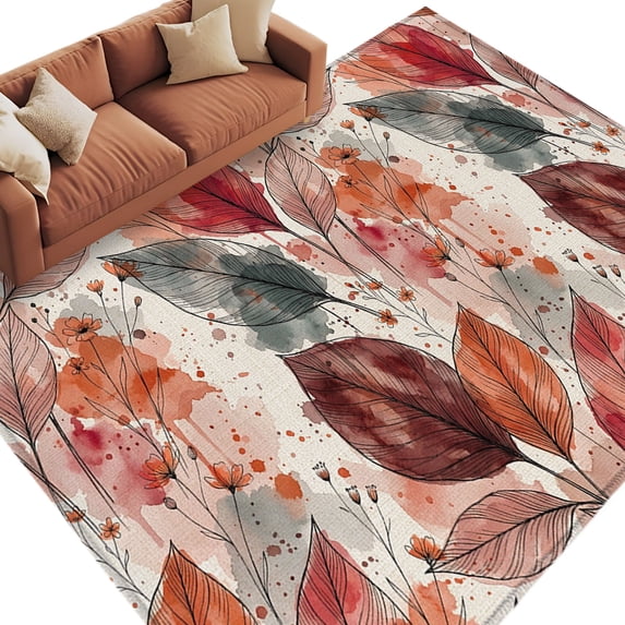 Autumn Leaves Washable Living Room Rugs 5'x7', Botanical Rustic Red ...