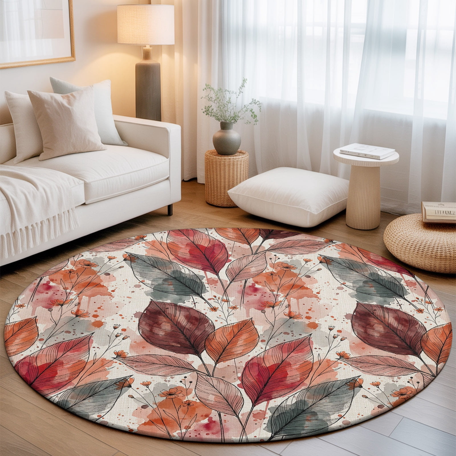 Autumn Leaves Washable Round Area Rug 3.3 ft, Botanical Rustic Red ...