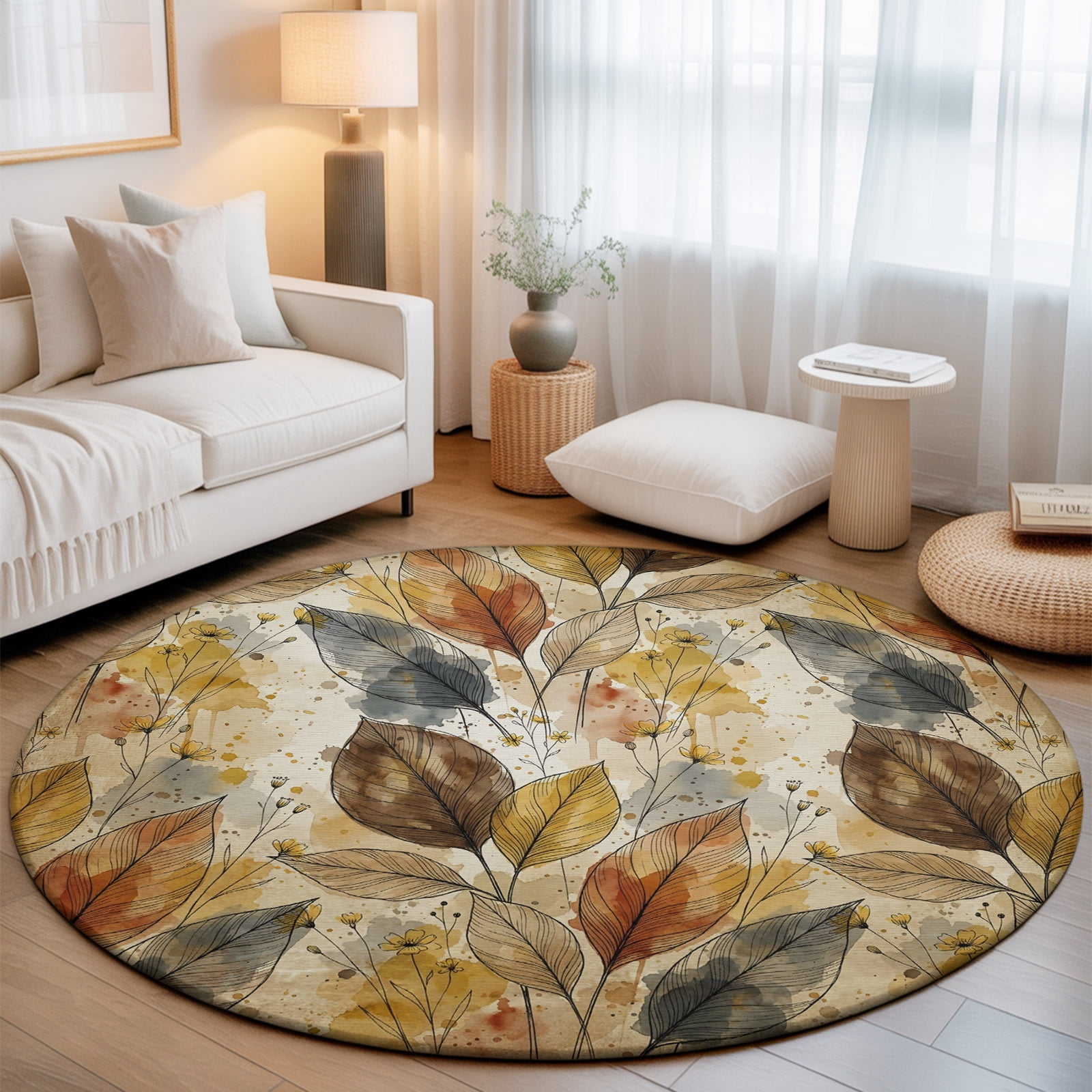 Autumn Leaves Washable Round Area Rug 6 ft, Botanical Rustic Brown ...