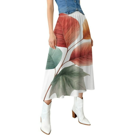 Autumn Leaves Watercolor Branch Art Women High Waist Midi Skirt Elegant ...