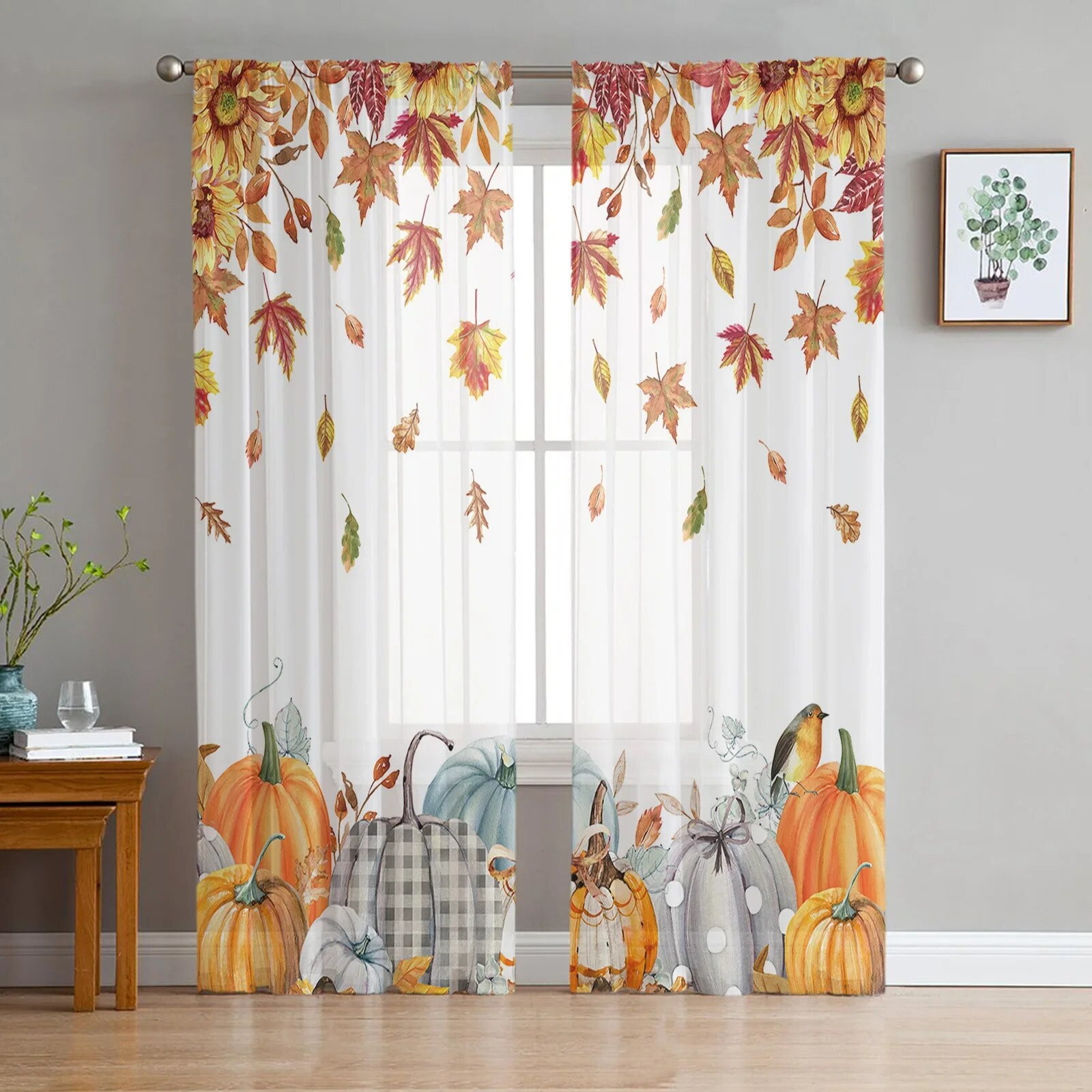 Autumn Leaves Yellow Maple Leaf Tulle Sheer Curtains for Living Room ...