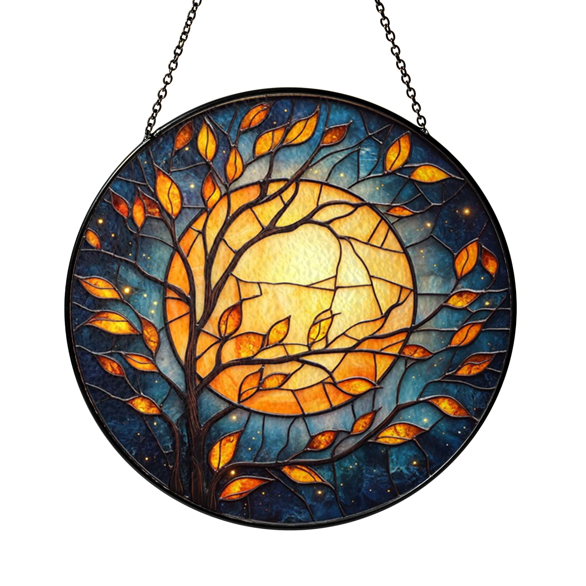 Autumn Leaves and Fall Moon Stained Glass Suncatcher, Seasonal Nature ...