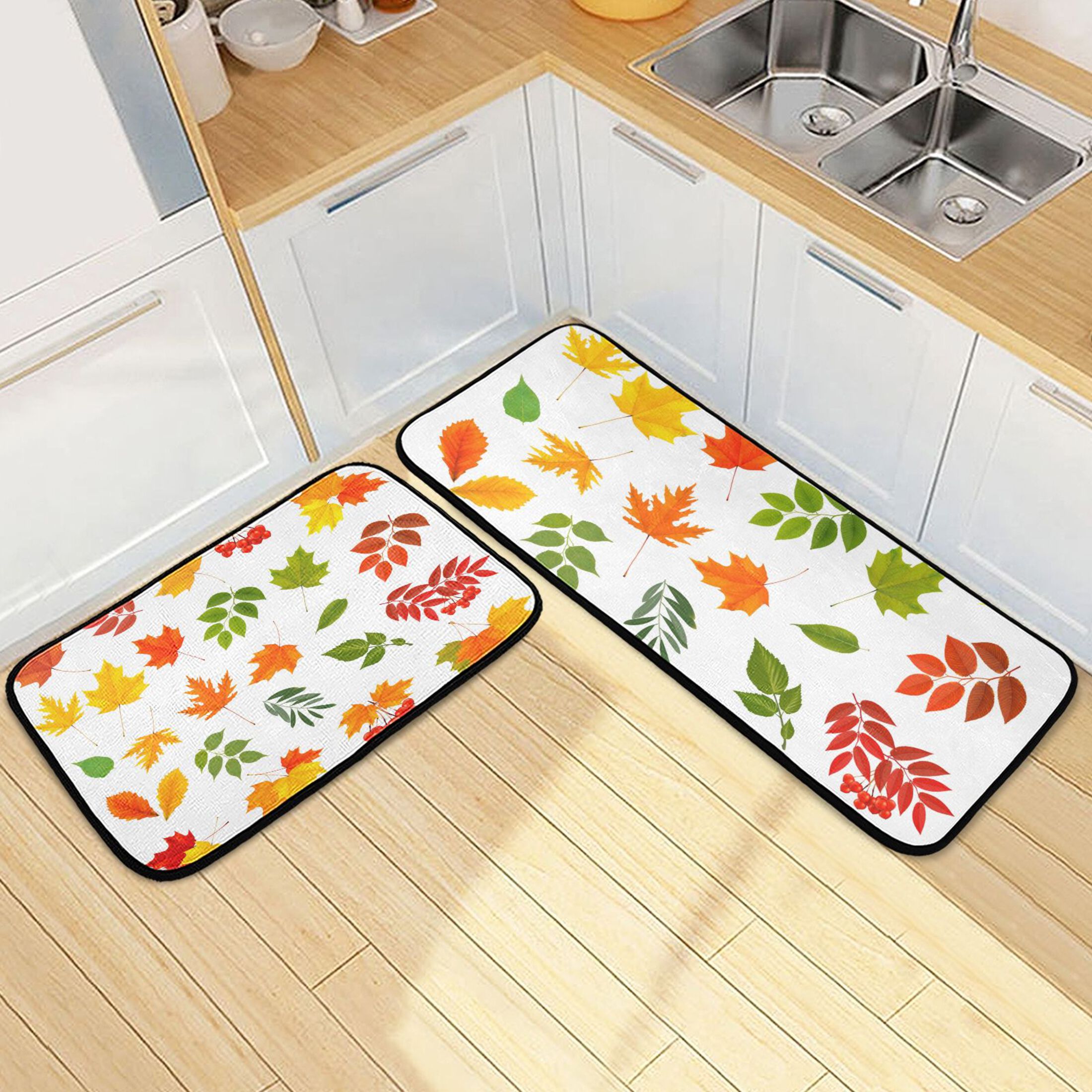 Autumn Leaves with Green Kitchen Rugs Set of 2 Non Slip Floor Foam Mat ...