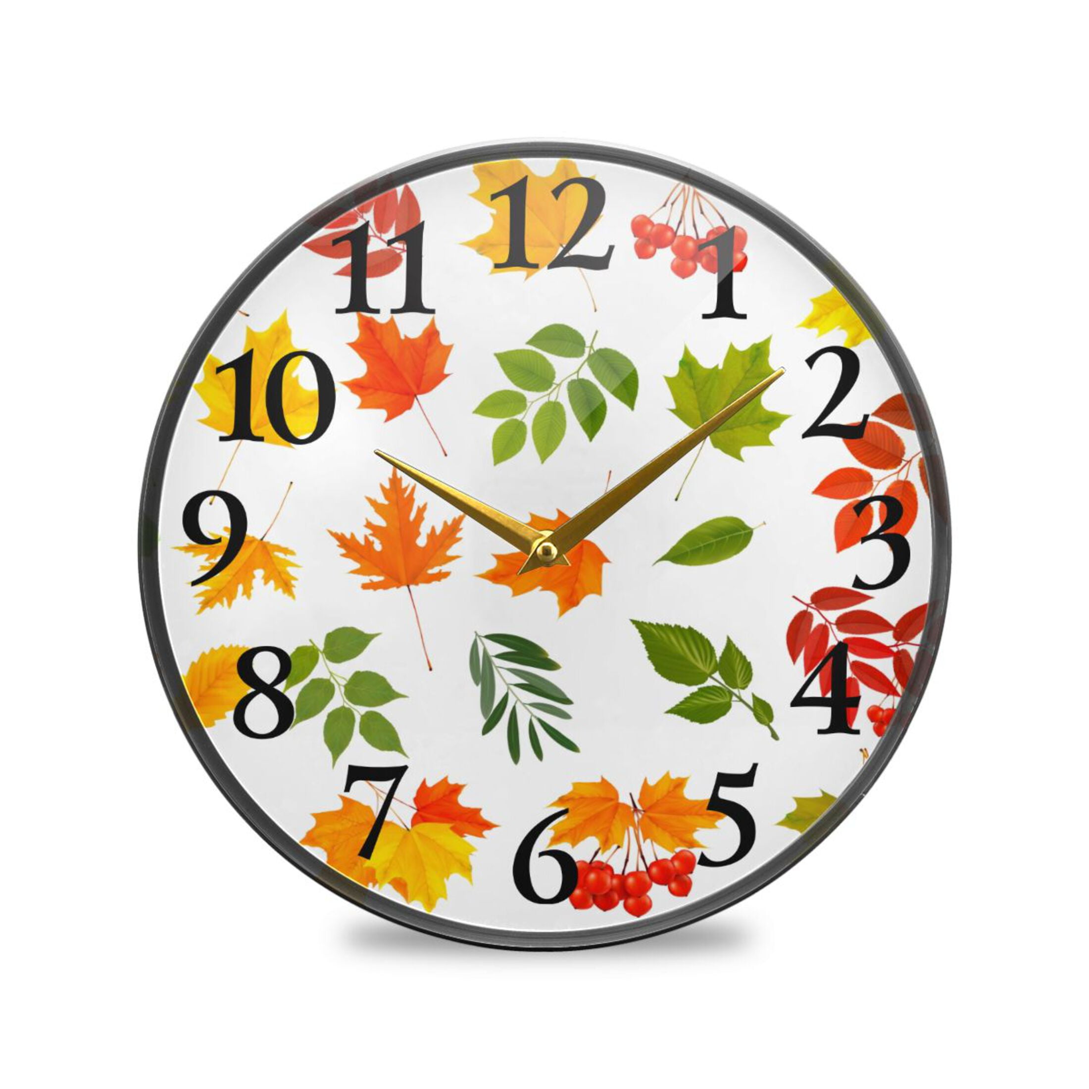 Autumn Leaves with Green Wall Clocks Battery Operated 11.9 Inch Round ...