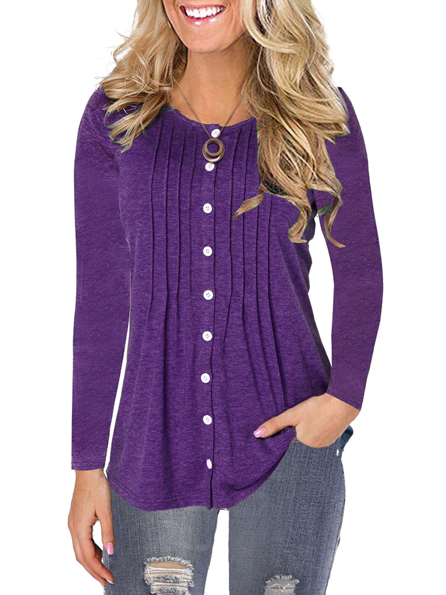 Autumn Long Sleeve Pleated Button Down Tunic Tops for Women Casual ...