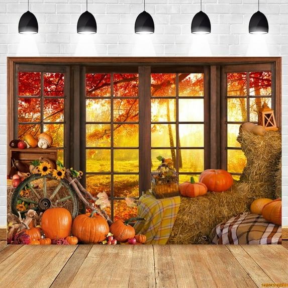 Autumn Maple Forest Pumpkin Backdrop Haystack Fall Field Window Baby ...