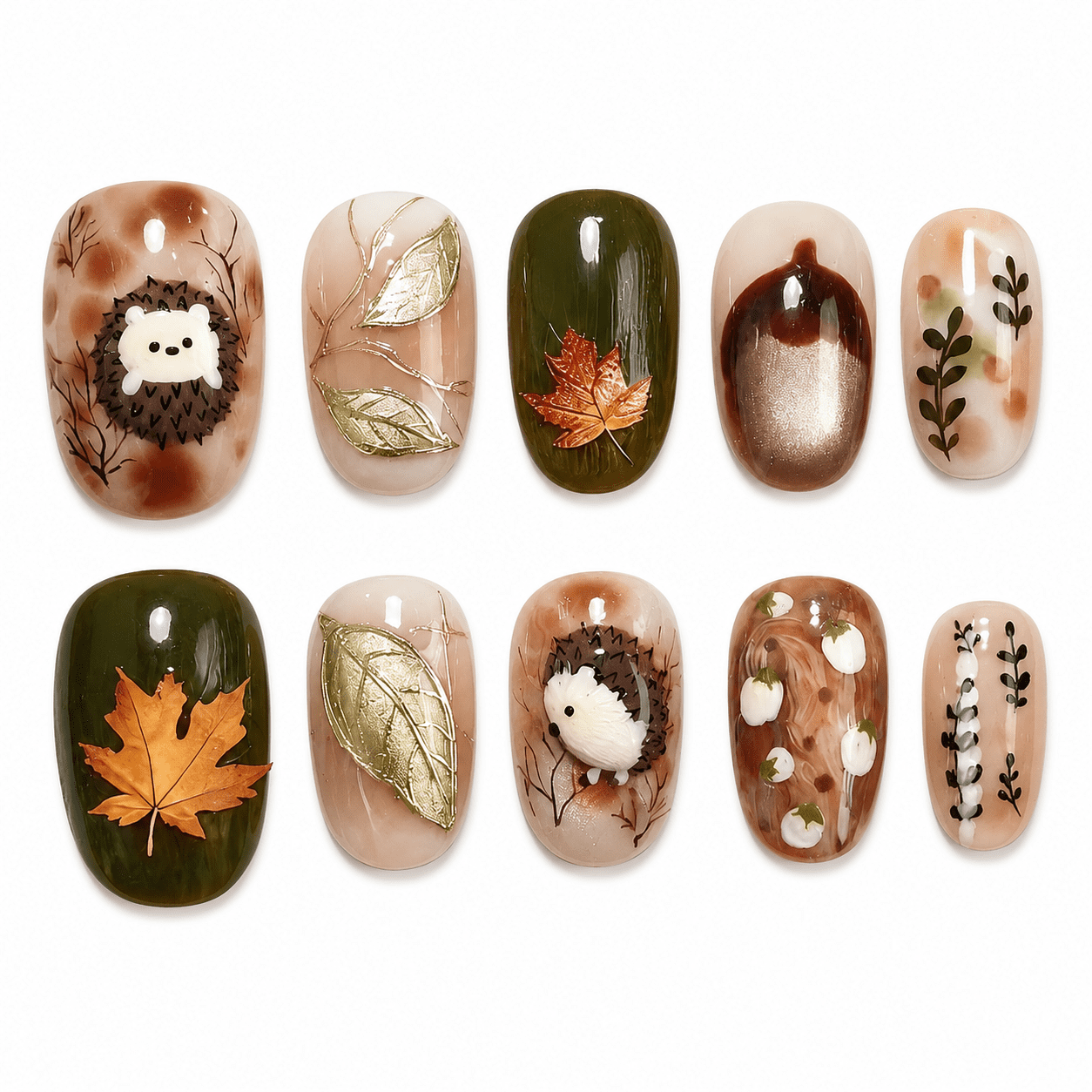 Autumn Maple Hedgehog Press on Nails, Short Oval Glossy False Nails ...