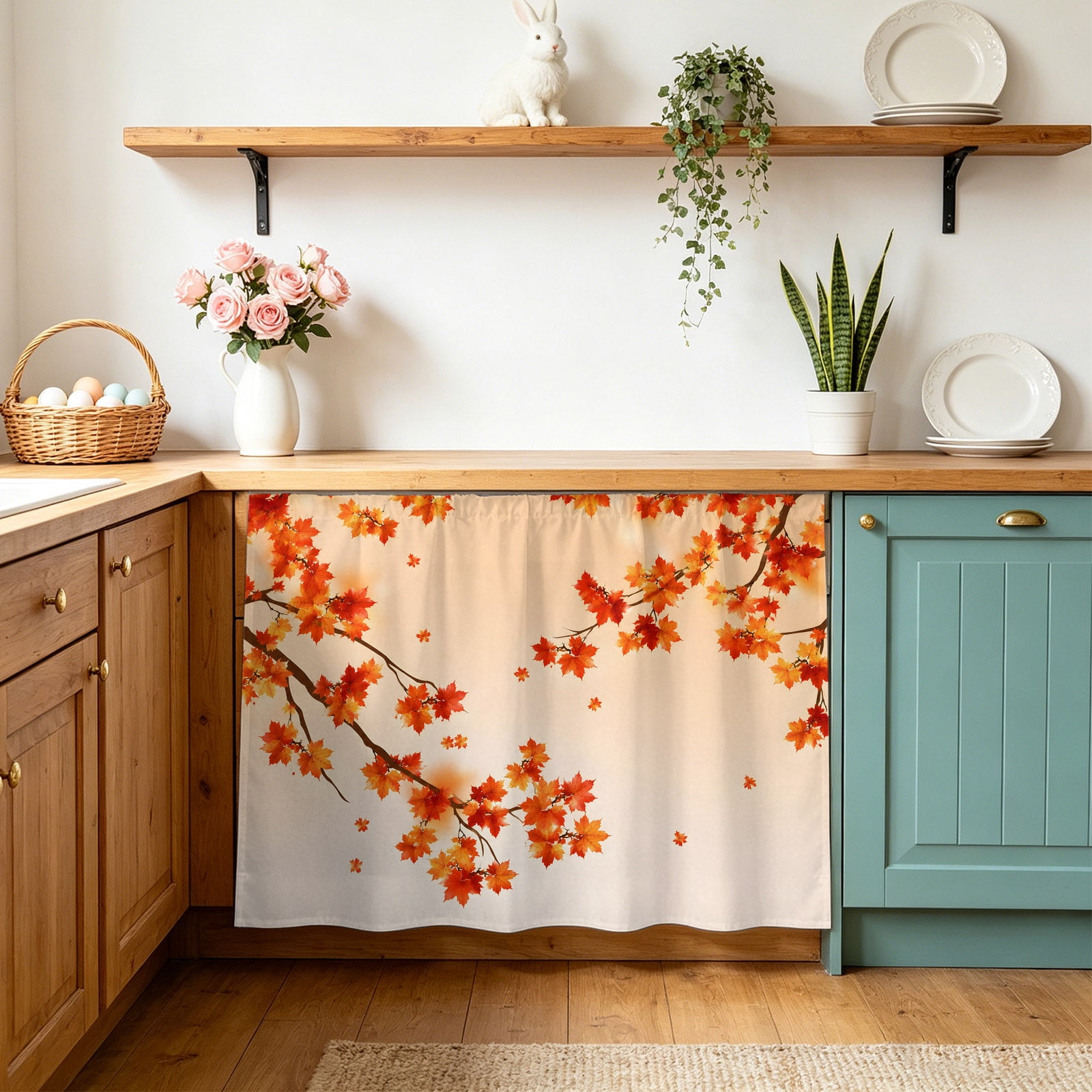 Autumn Maple Leaf Cabinet Curtains 11" W x 13" L, Thanksgiving Fall ...