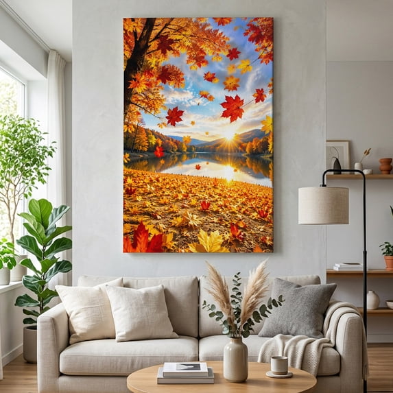 Autumn Maple Leaf Canvas Wall Art for Living Room, Rustic Orange Forest ...