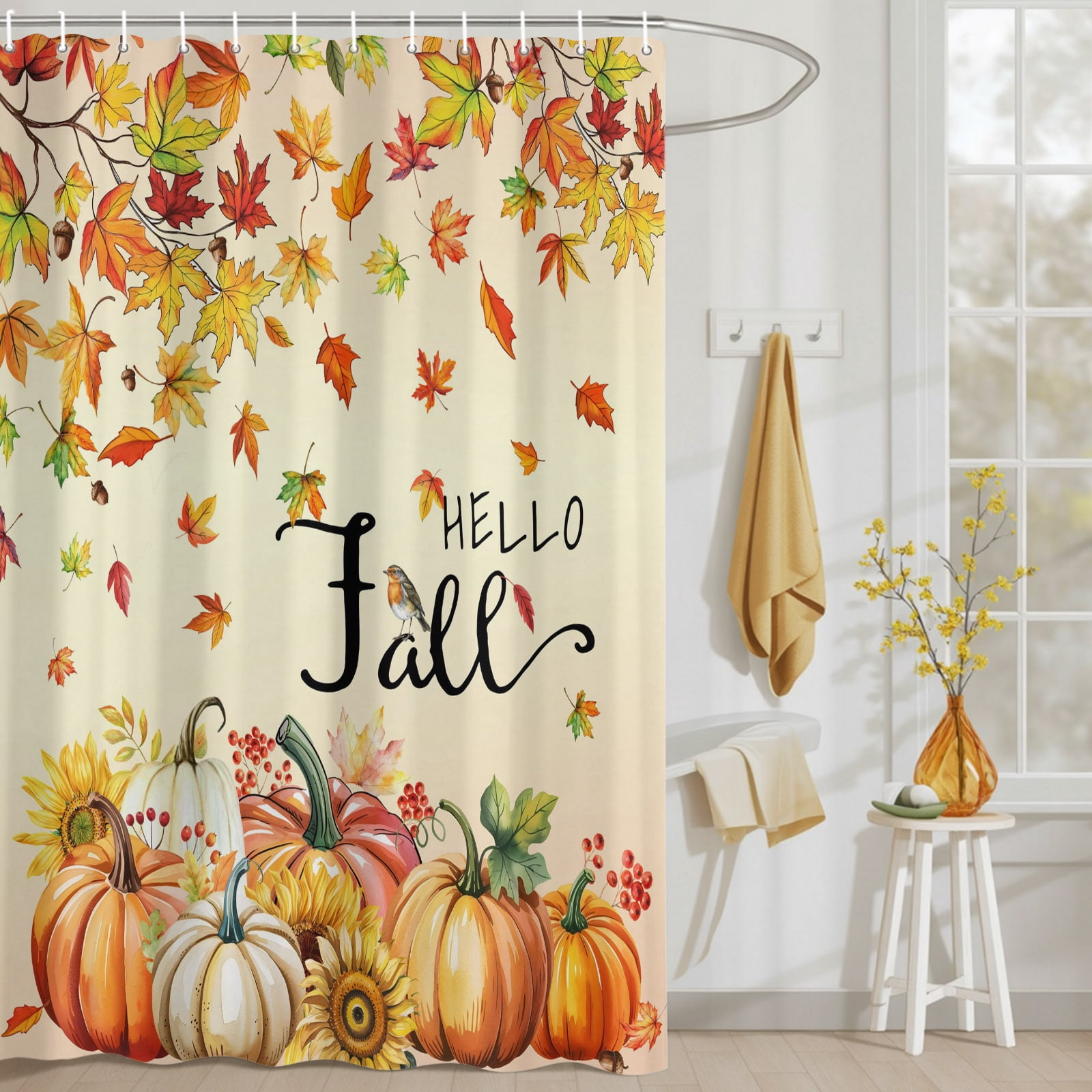 Autumn Maple Leaf Farm Pumpkin Shower Curtain Set, Waterproof Shower ...