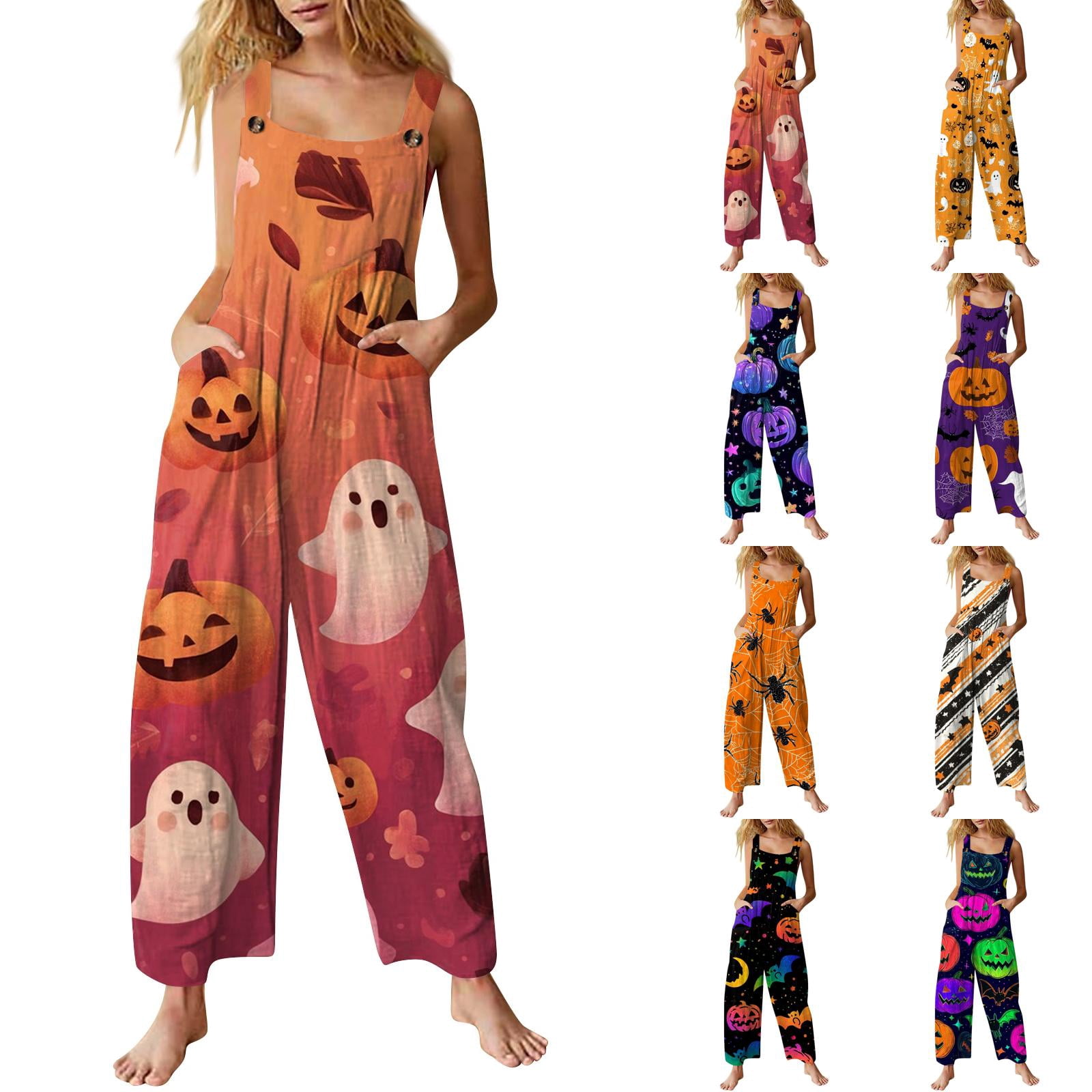 Autumn Maple Leaf Ghost Pumpkin Halloween Women Overalls, Sleeveless ...