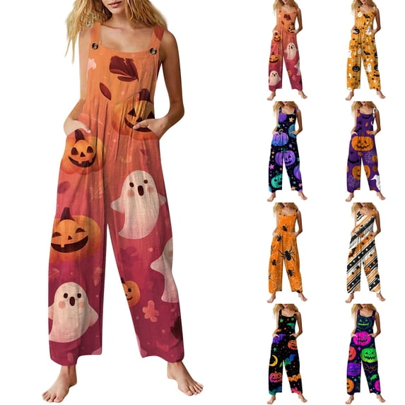 Autumn Maple Leaf Ghost Pumpkin Halloween Women Overalls, Sleeveless ...