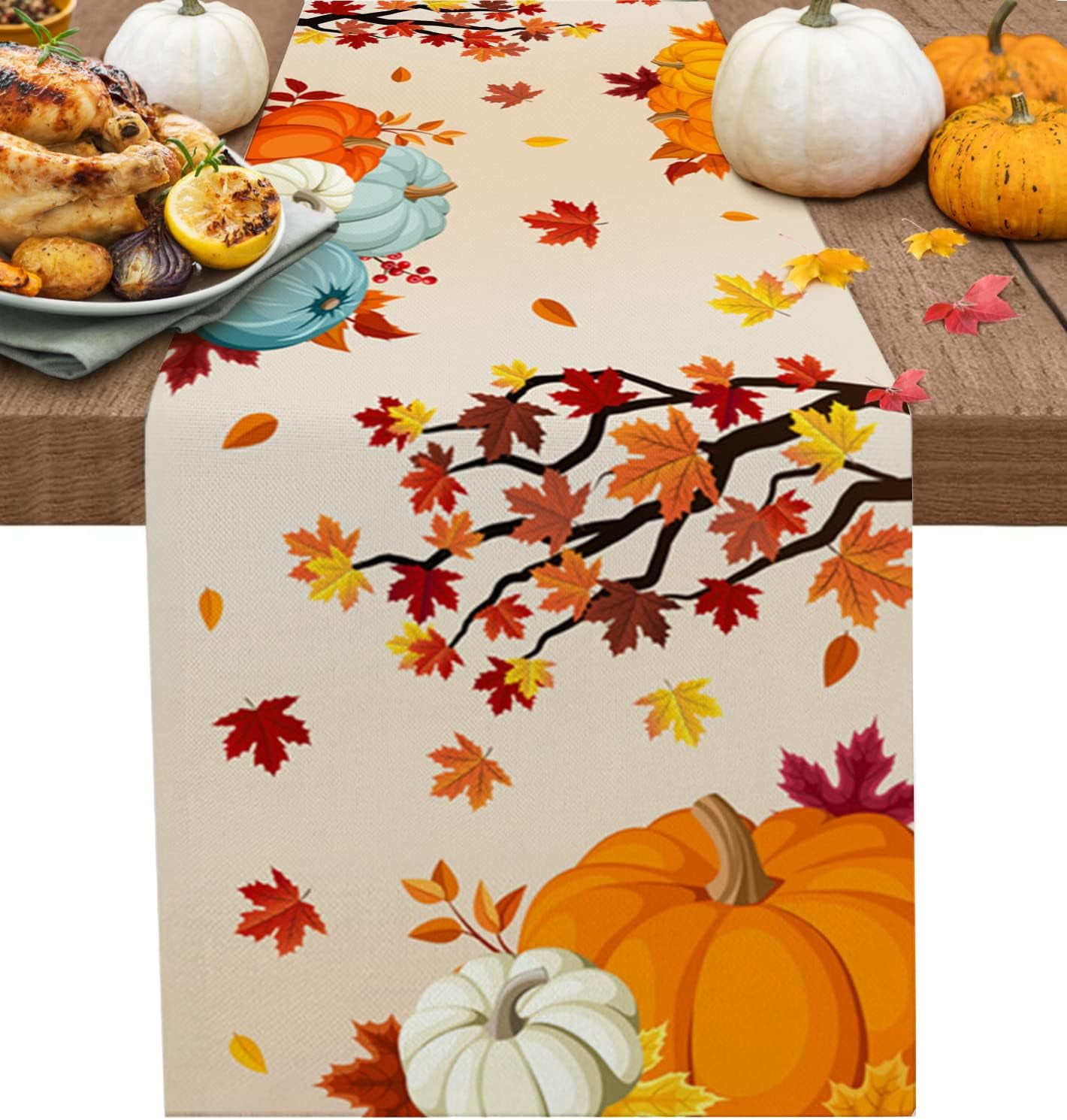 Autumn Maple Leaf Linen Table Runners Thanksgiving Fall Harvest Pumpkin ...
