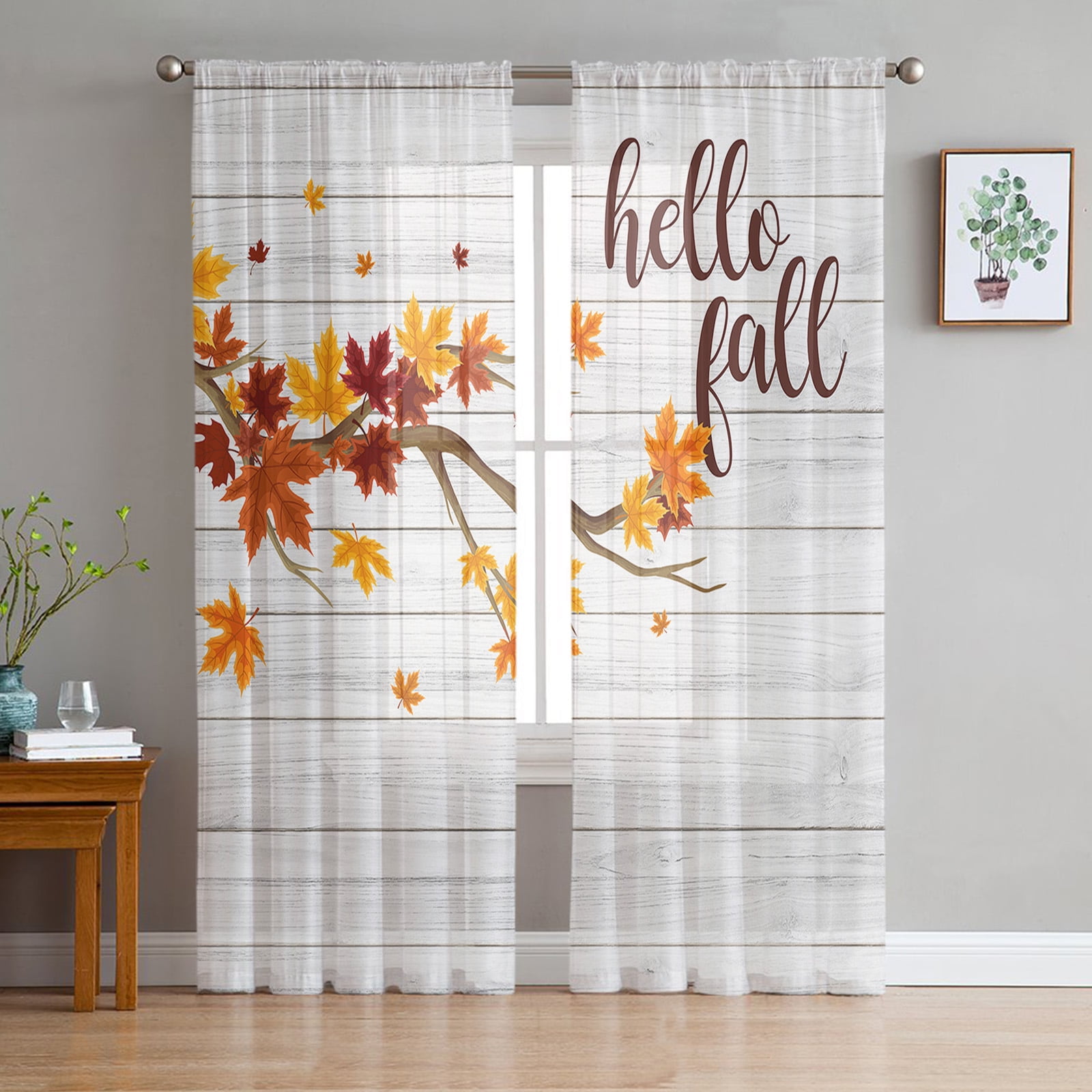 Autumn Maple Leaf Orange Lattice Tulle Curtains for Living Room Sheer ...