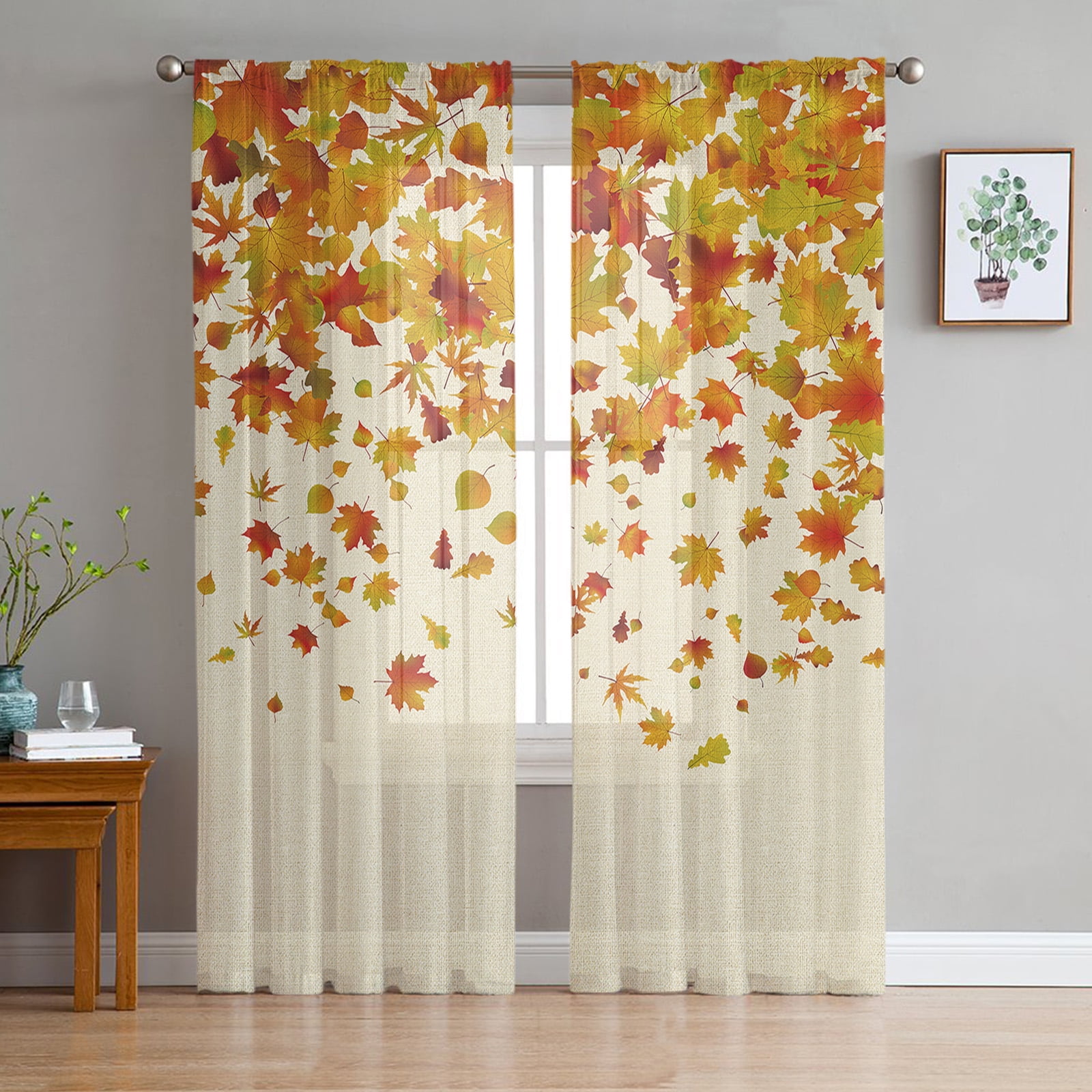 Autumn Maple Leaf Orange Lattice Tulle Curtains for Living Room Sheer ...
