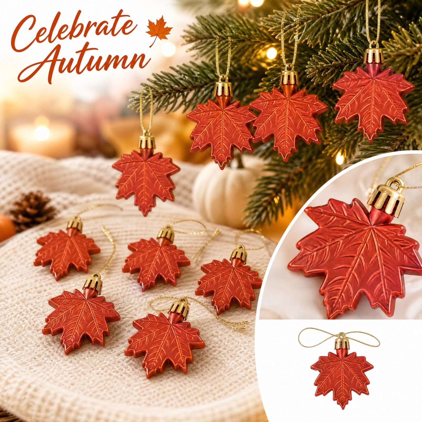 Autumn Maple Leaf Ornaments 12 Pack, Red Fall Leaves Hanging Decor for ...