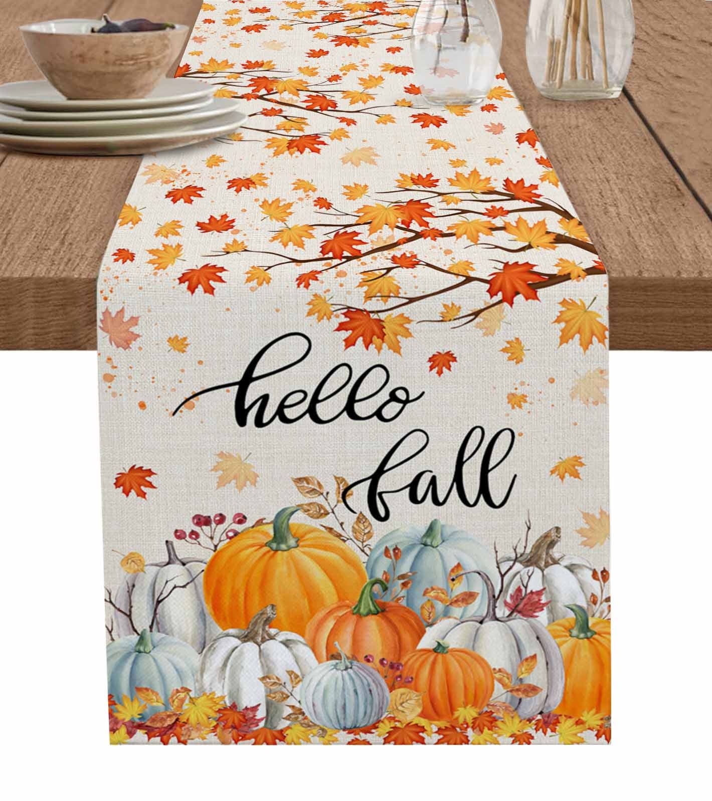 Autumn Maple Leaf Pumpkin Table Runners Holiday Kitchen Table r Cotton ...