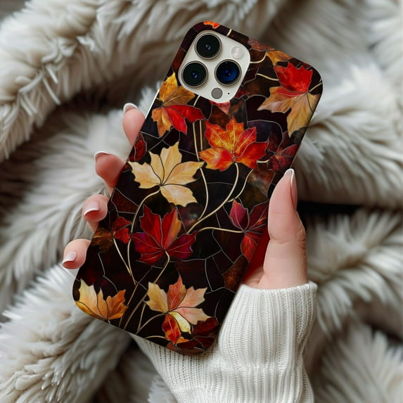 Autumn Maple Leaf Stained Glass Burgundy Phone Case 17 16 15 14 13 12 ...