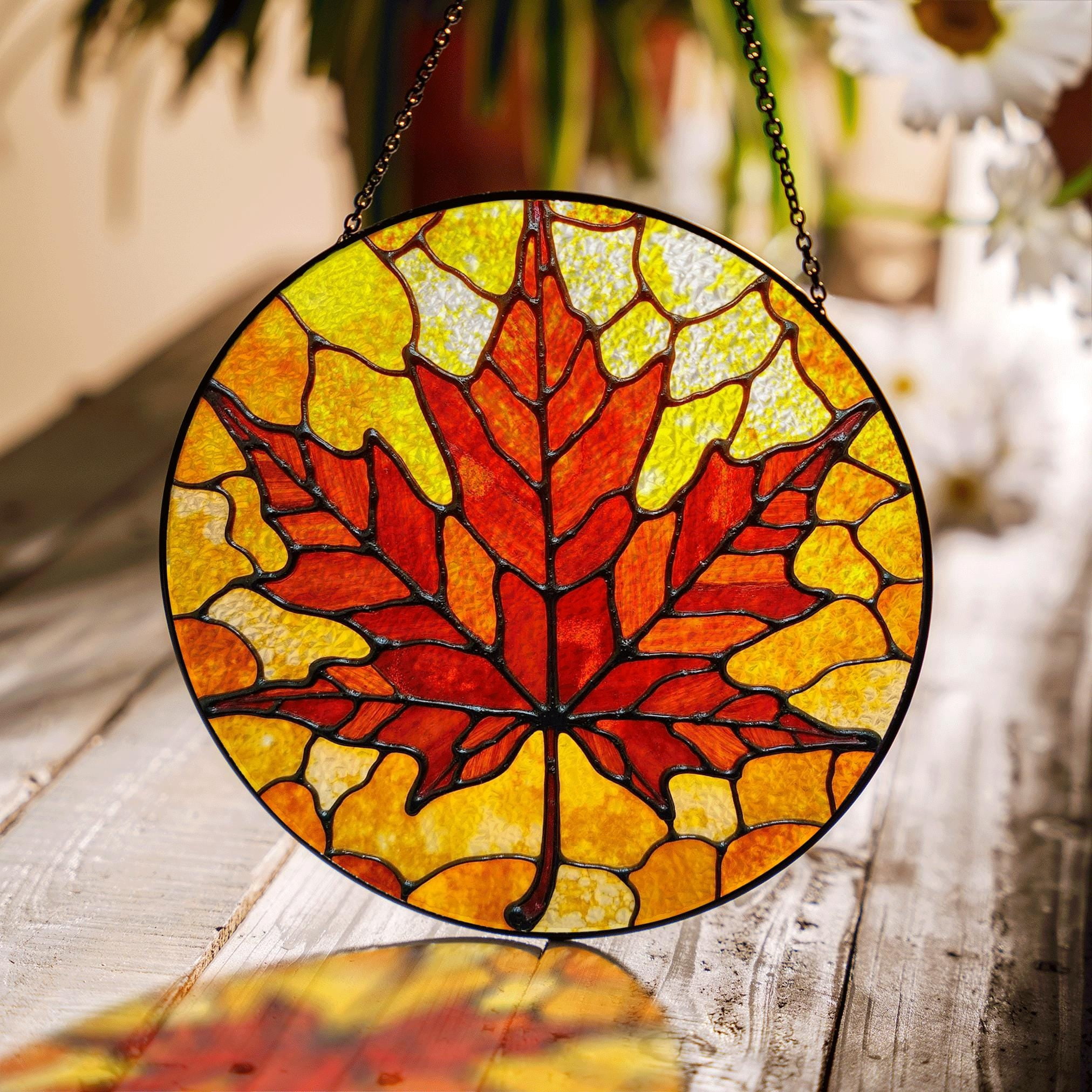 Autumn Maple Leaf Stained Glass Suncatcher, Cozy Fall Window Decor ...