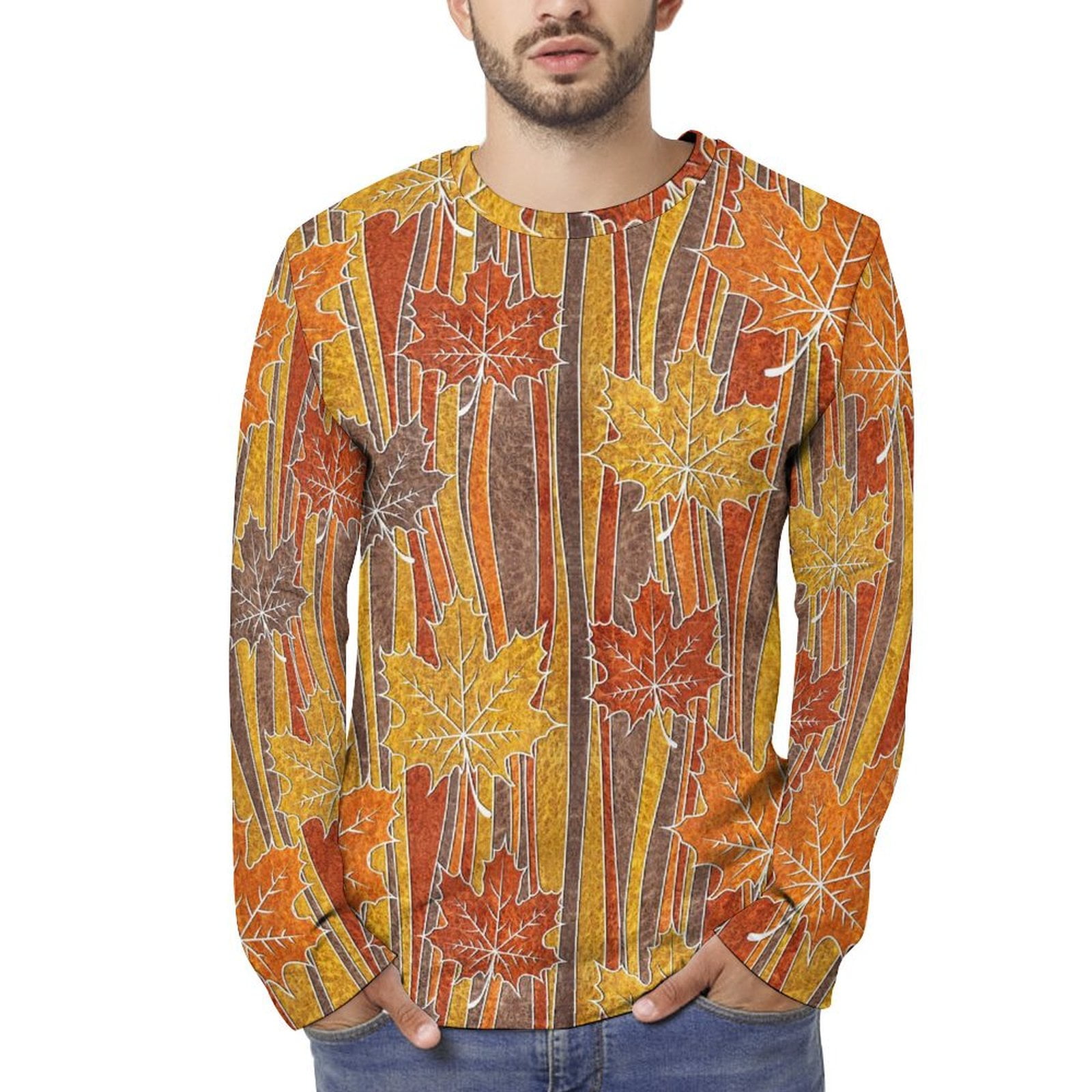 Autumn Maple Leaf Stripes Long Sleeve T Shirts for Men, Crew Neck Mens ...