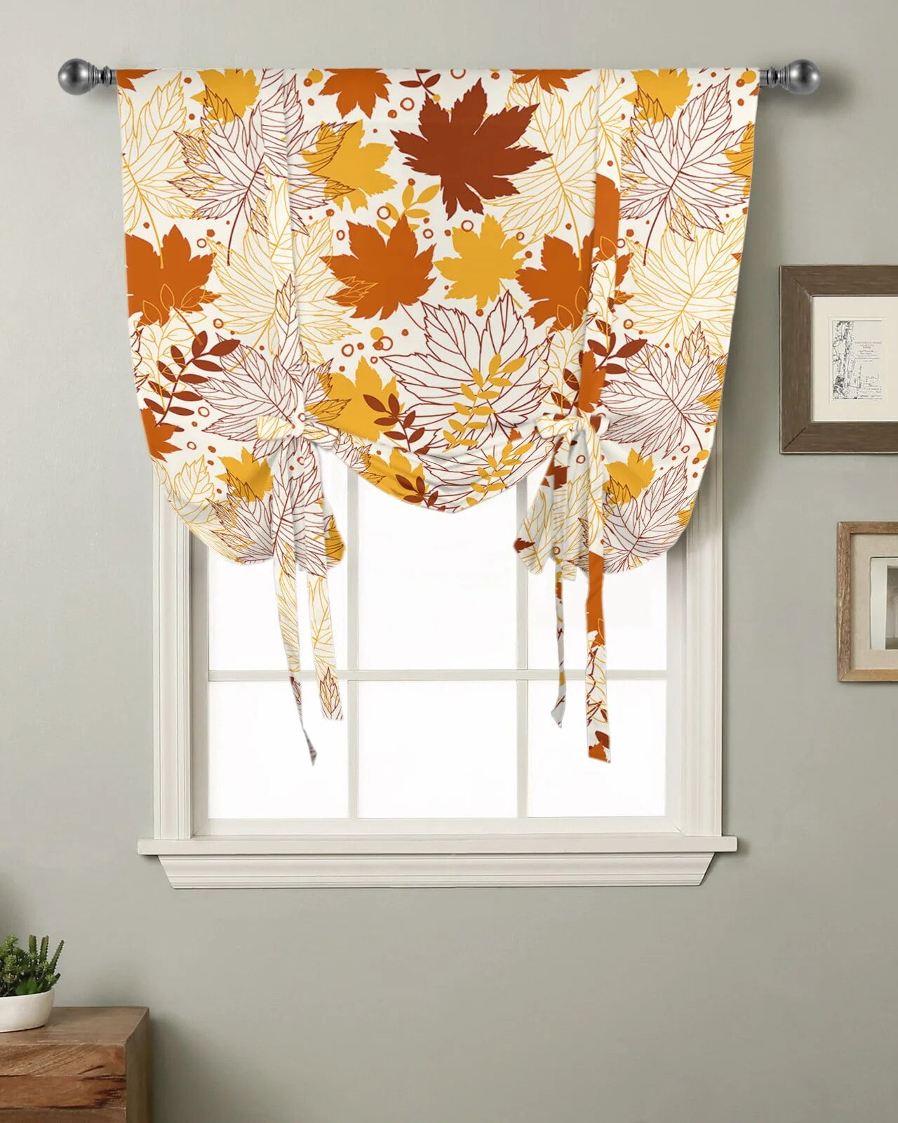 Autumn Maple Leaf Texture Kitchen Short Window Curtain Rod Pocket ...