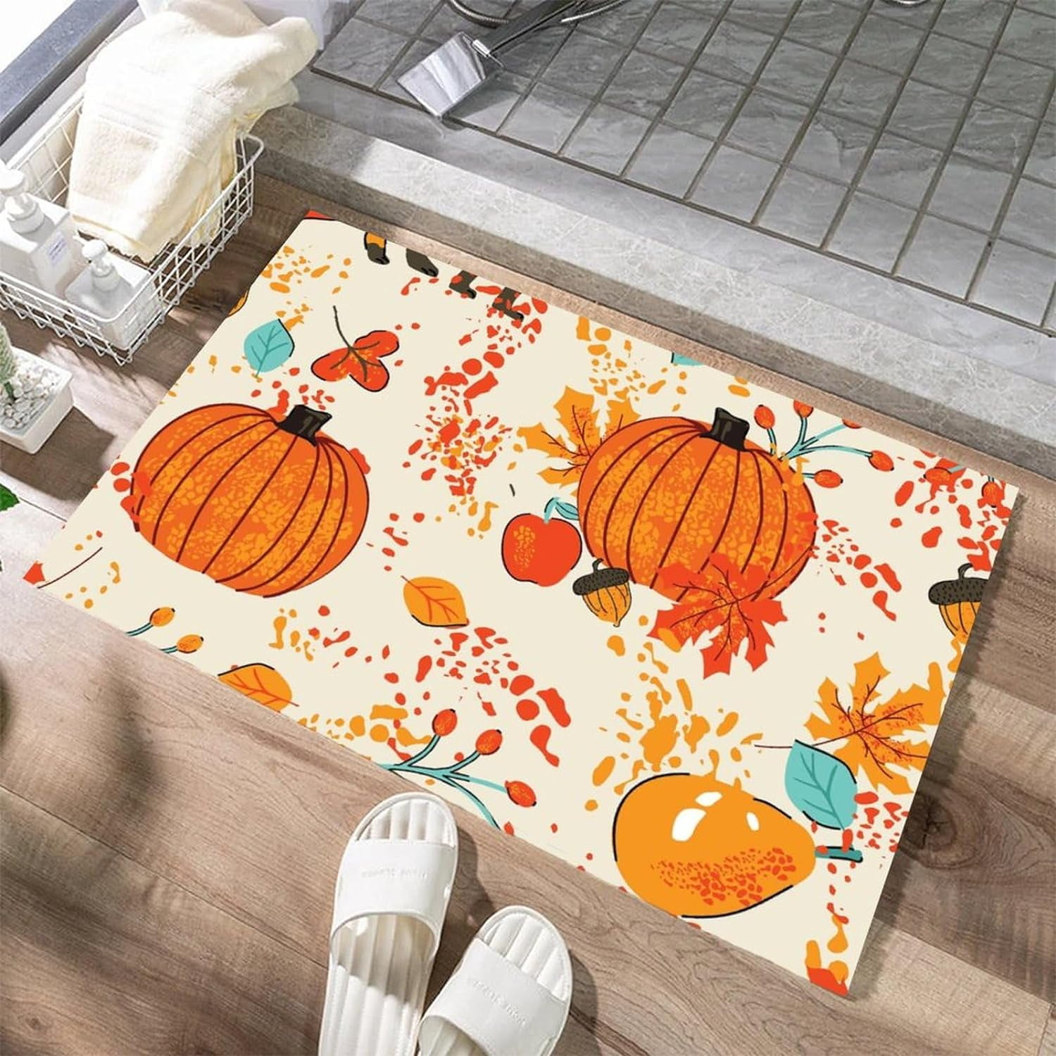 Autumn Maple Leafs Bath Rug Harvest Pumpkins Fruit Non Slip Bath Mat ...