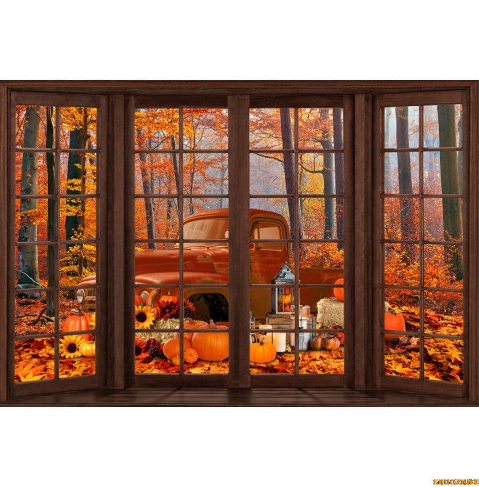 Autumn Maple Leaves Forest Window Backdrop Pumpkins Sunflower Baby ...