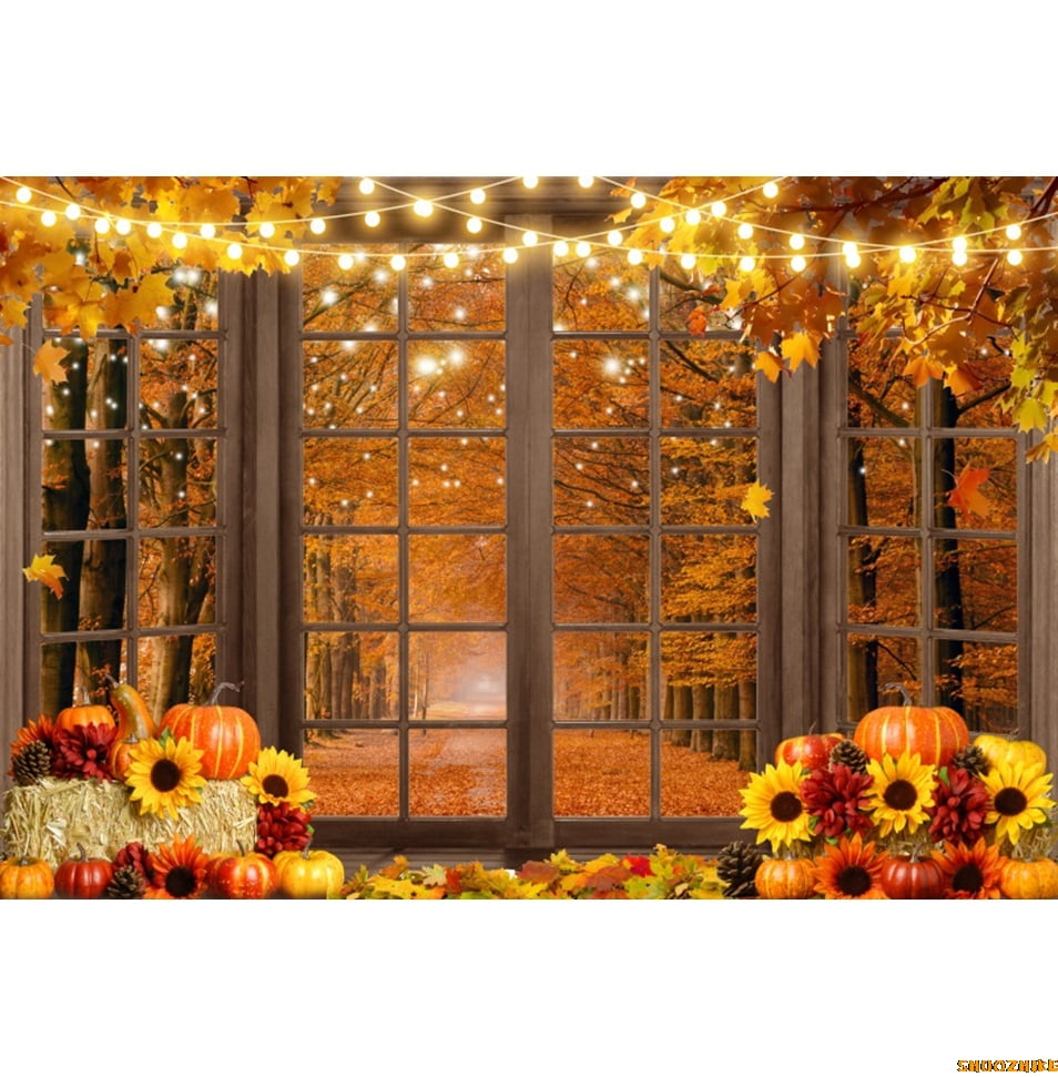 Autumn Maple Leaves Forest Window Backdrop Pumpkins Sunflower Baby ...