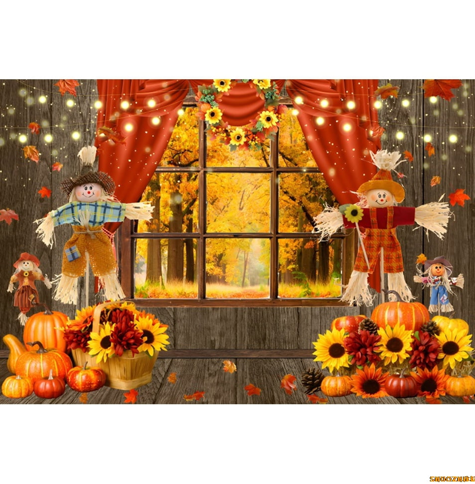 Autumn Maple Leaves Forest Window Backdrop Pumpkins Sunflower Baby ...