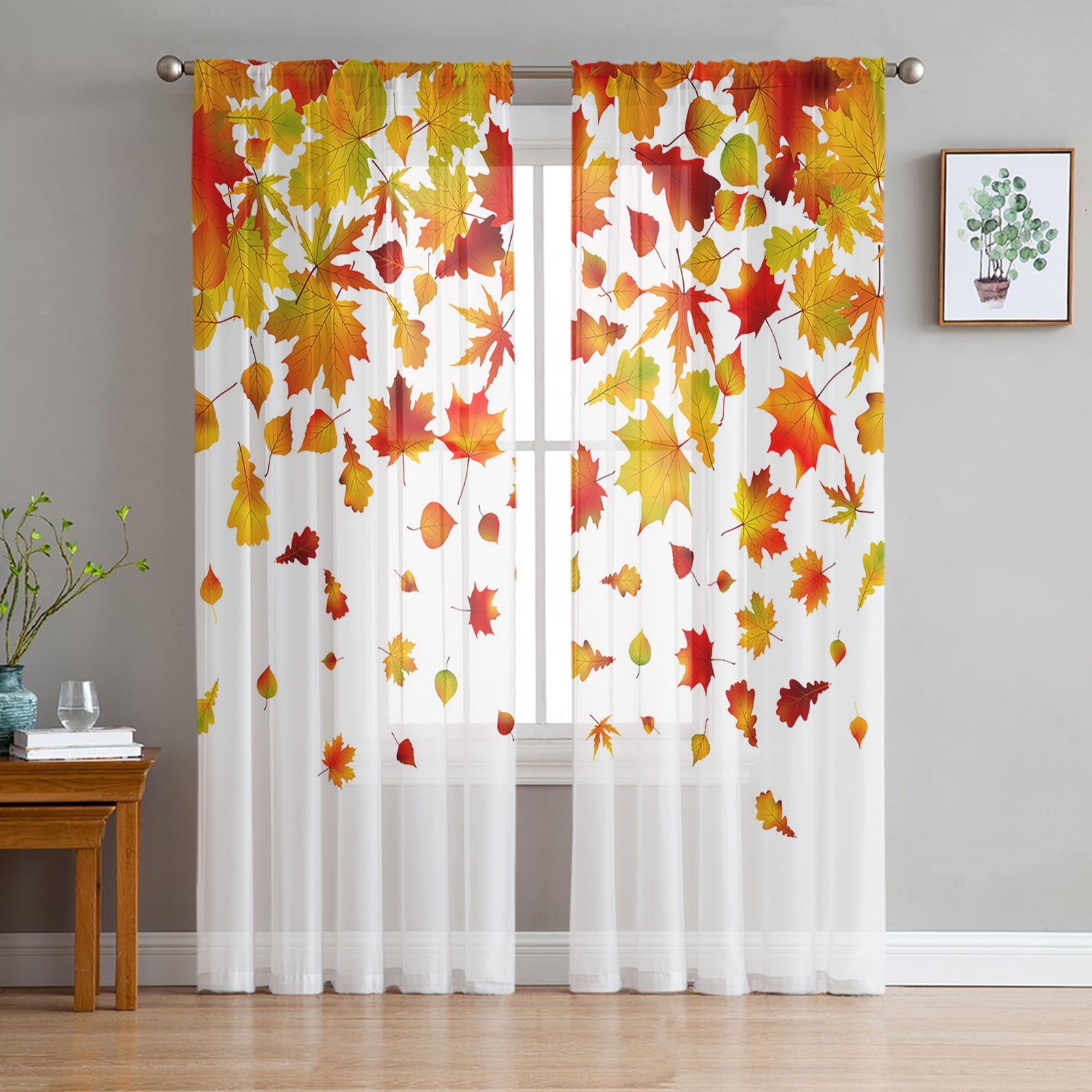 Autumn Maple Leaves Gradient Texture Tulle In Sheer Curtains For Living ...
