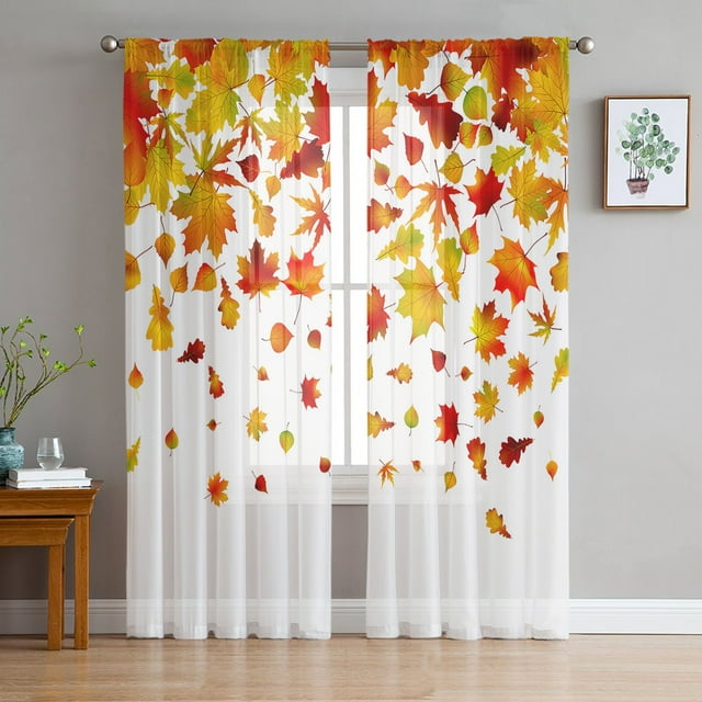 Autumn Maple Leaves Gradient Texture Tulle In Sheer Curtains For Living ...