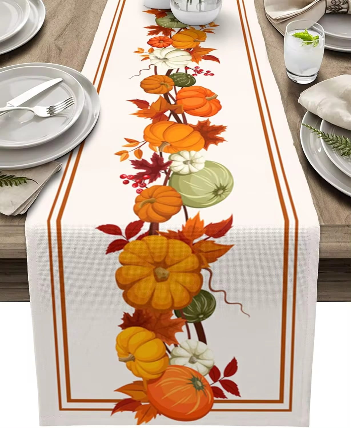 Autumn Maple Leaves Harvest Pumpkin Linen Table Runner Washable Fall ...