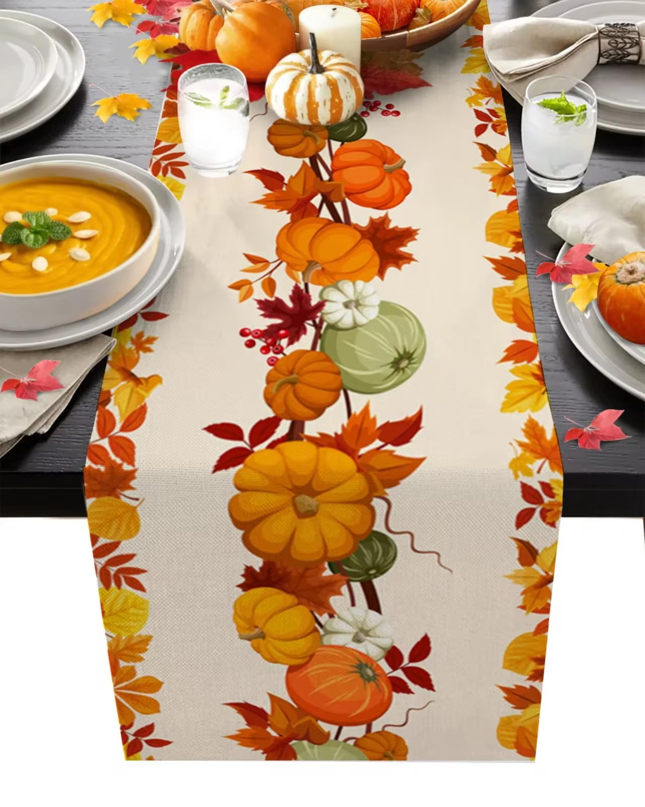 Autumn Maple Leaves Harvest Pumpkin Linen Table Runner Washable Fall ...
