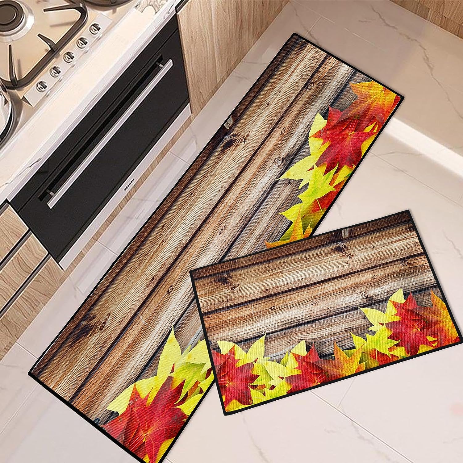 Autumn Maple Leaves Kitchen Rugs and Mats Non Skid Washable Set of 2 ...