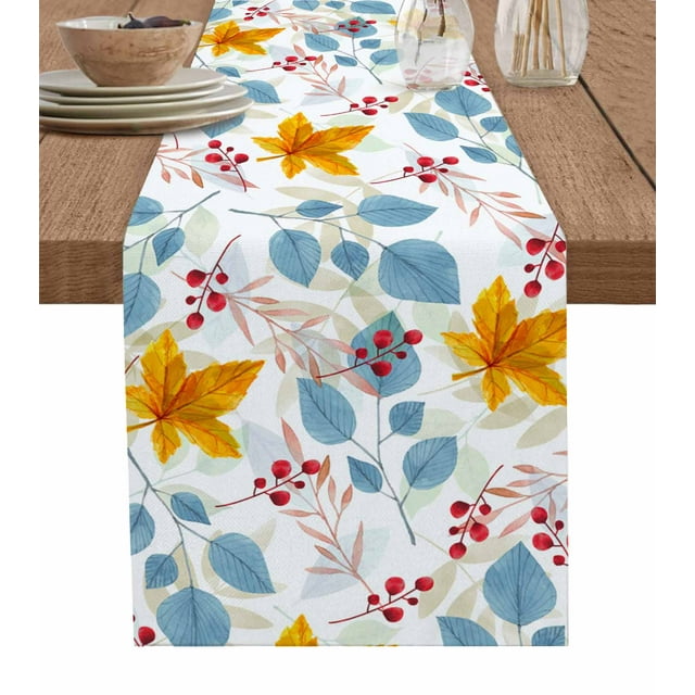 Autumn Maple Leaves Leaves Red Fruit Table Runners Holiday Kitch Table ...