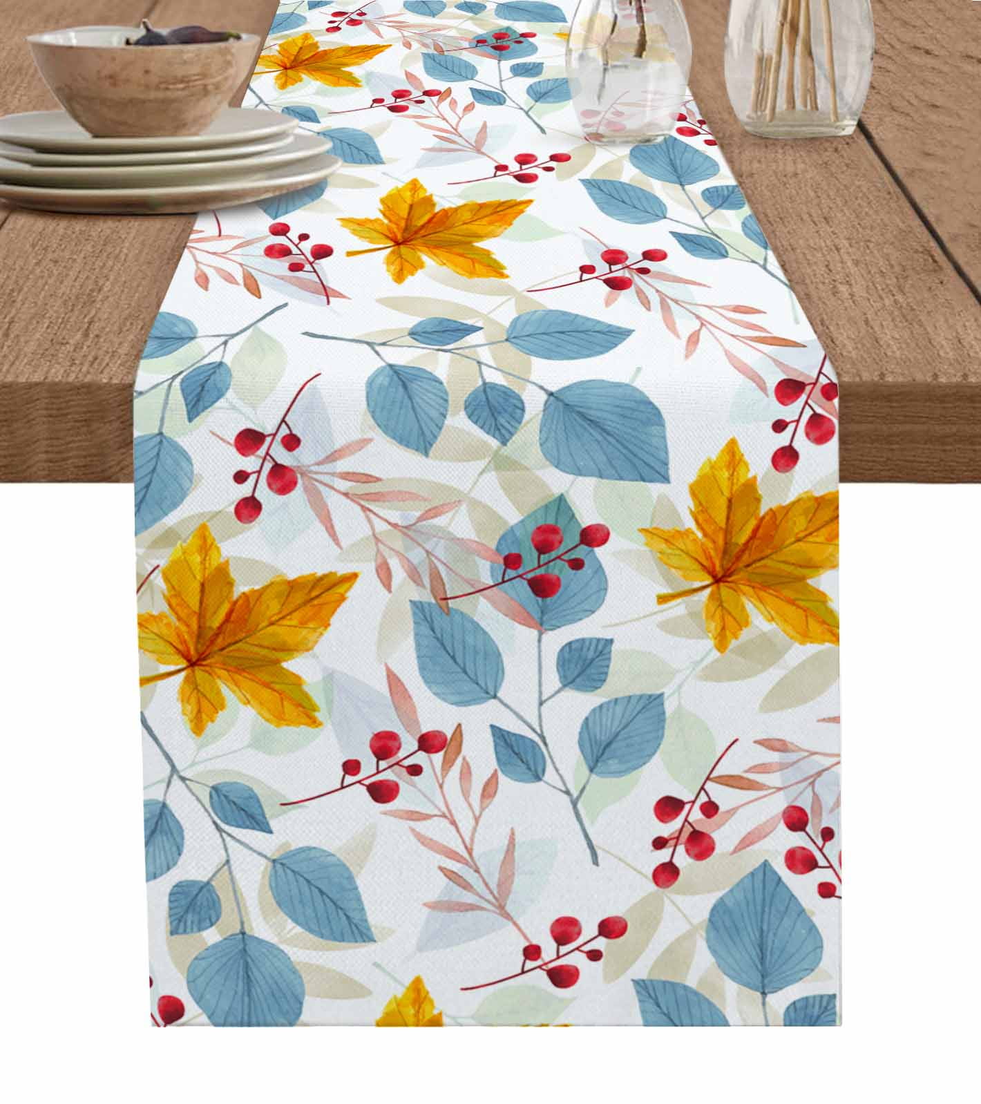 Autumn Maple Leaves Leaves Red Fruit Table Runners Holiday Kitchen ...