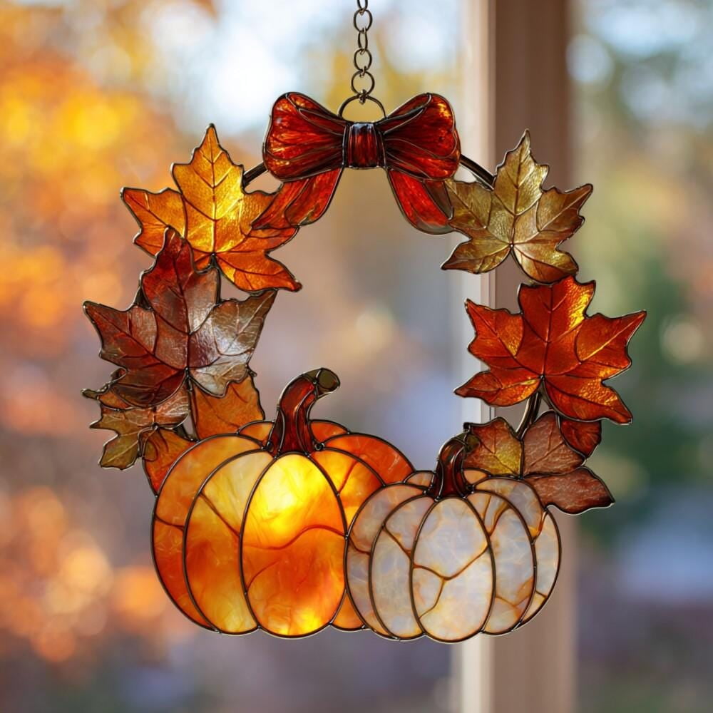 Autumn Maple Leaves & Pumpkin Wavy Acrylic Suncatcher | Fall Wreath ...