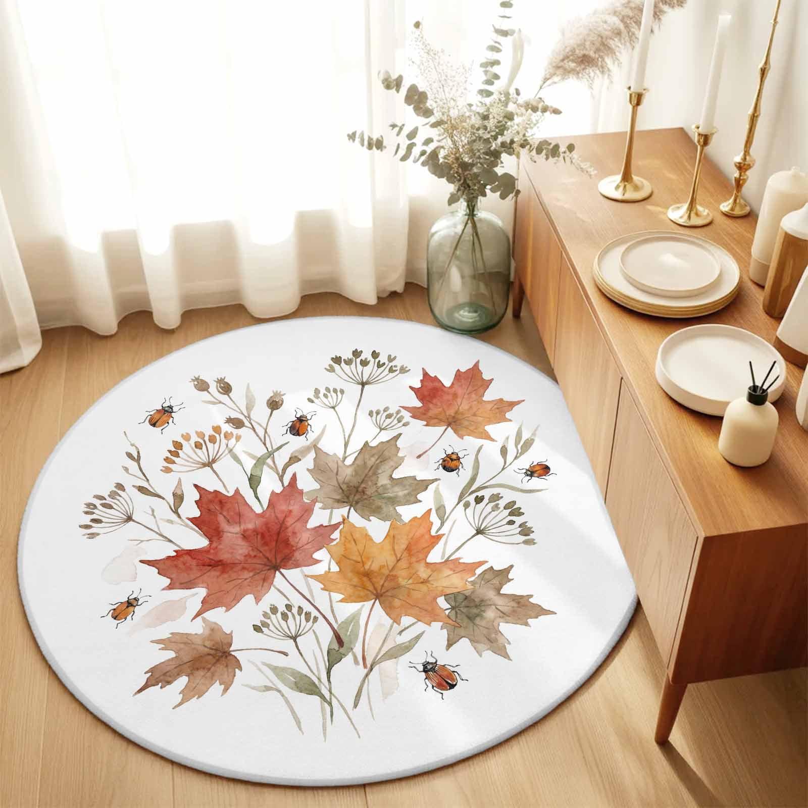 Autumn Maple Leaves Round Rug 3ft Rustic Animal Ladybugs Washable Area ...
