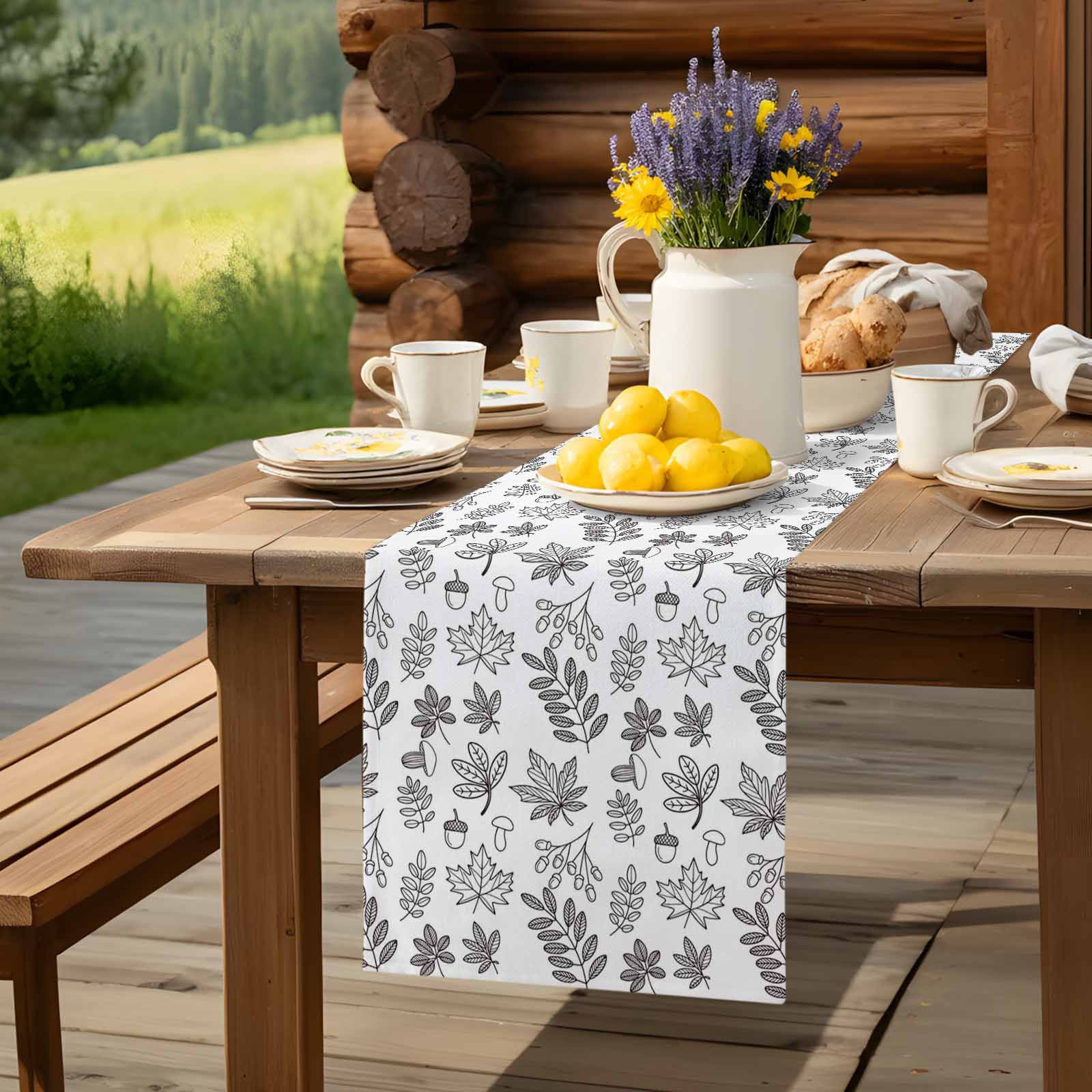 Autumn Maple Leaves Sketch Table Runner 13x70in Non-Slip Cotton Linen ...