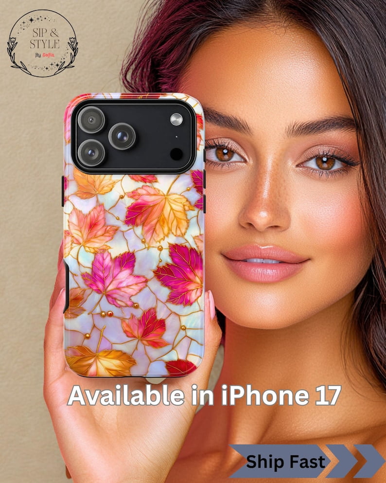 Autumn Maple Leaves Stained Glass Print Tough Phone Case, iPhone ...