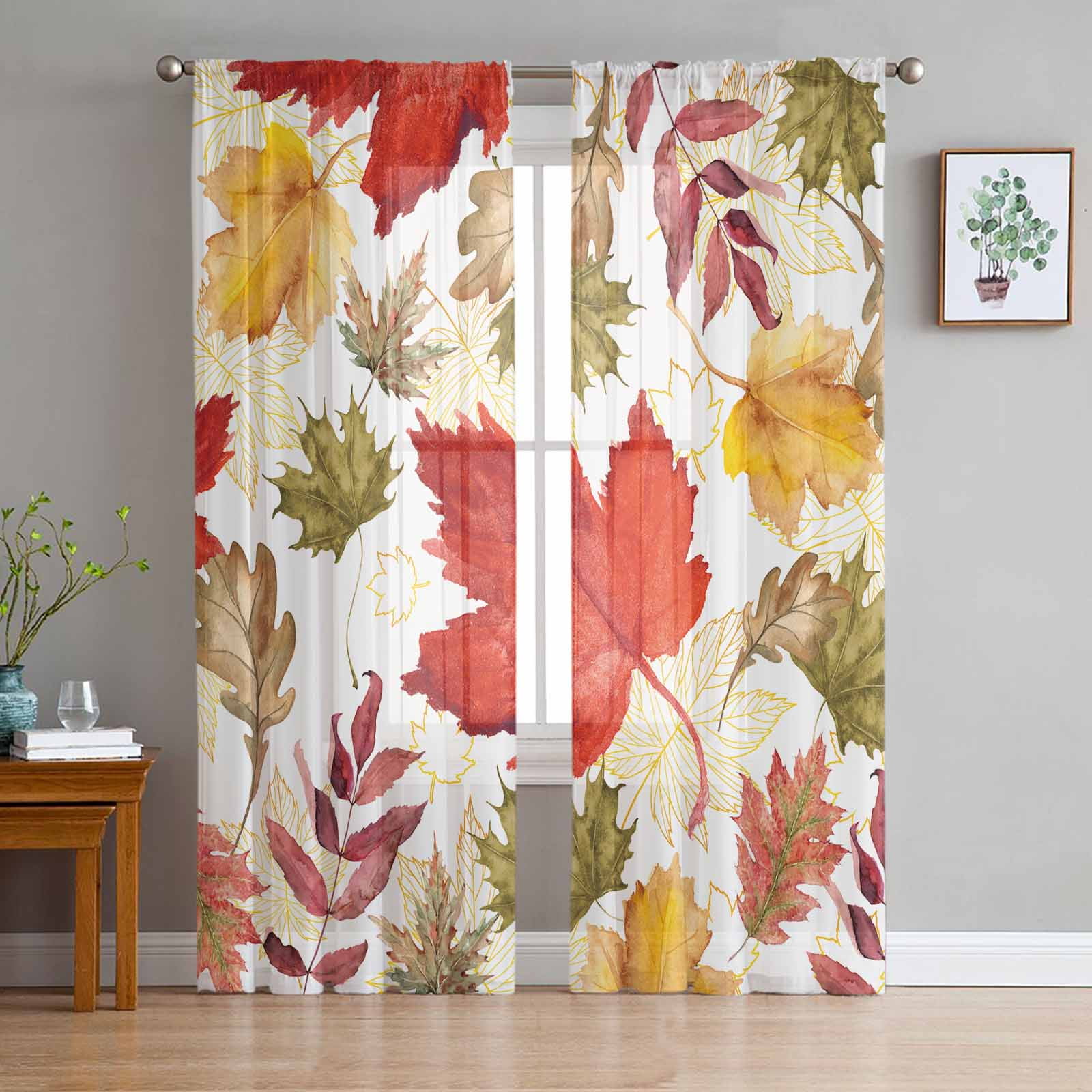 Autumn Maple Leaves Texture Tulle Curtains for Living Room Sheer ...