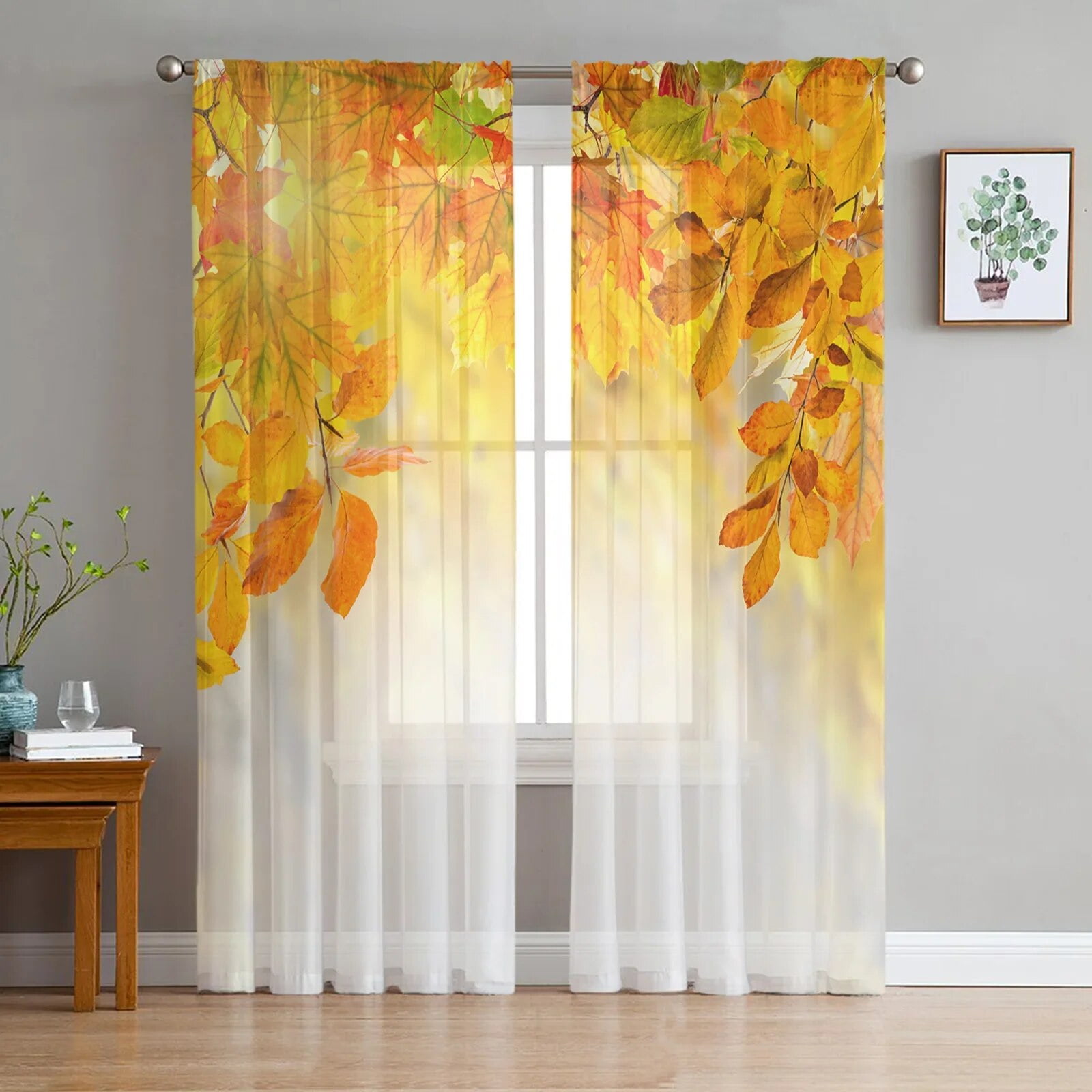 Autumn Maple Leaves Trees Texture Tulle Window Curtains Living Room ...