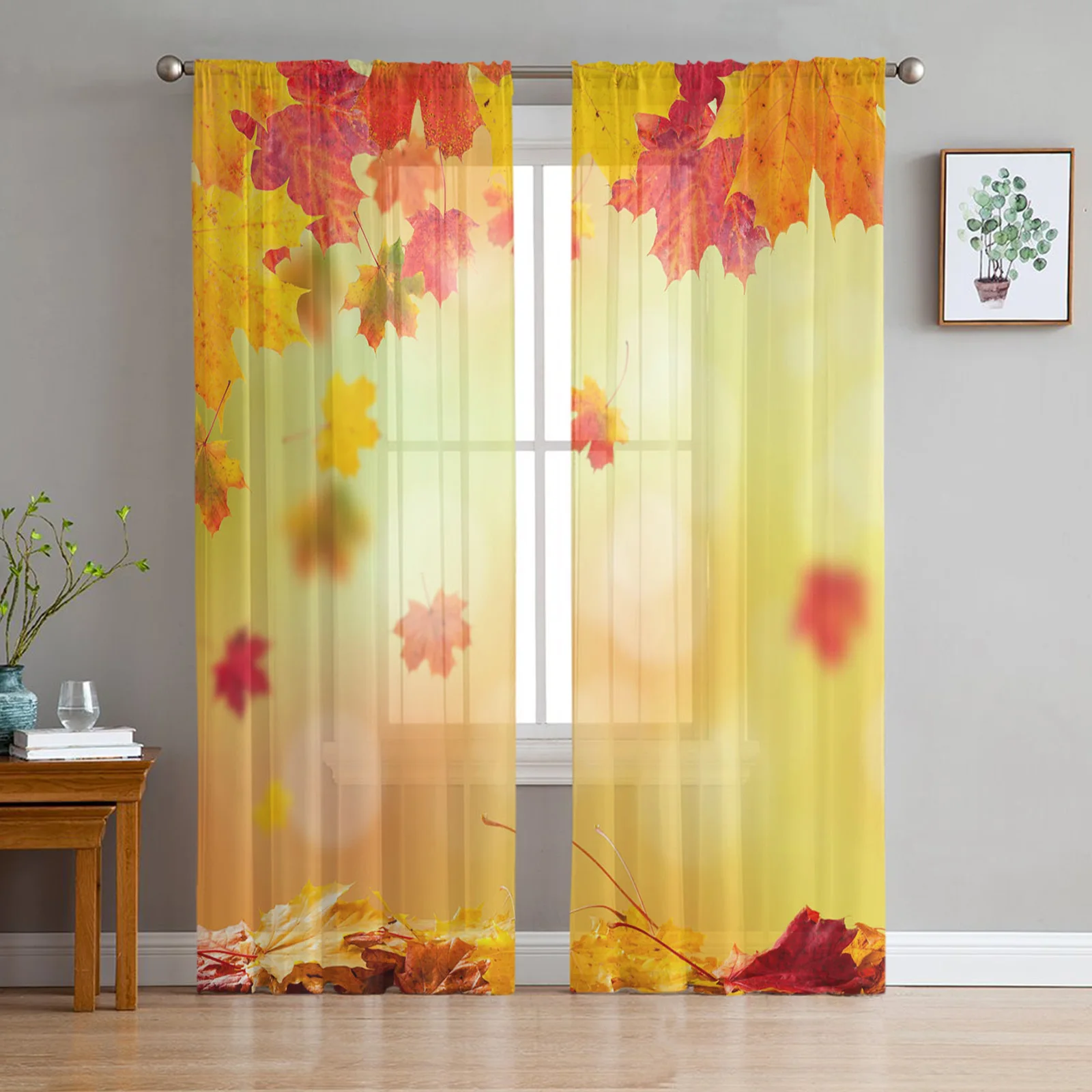 Autumn Maple Leaves Trees Texture Tulle Window Curtains Living Room ...