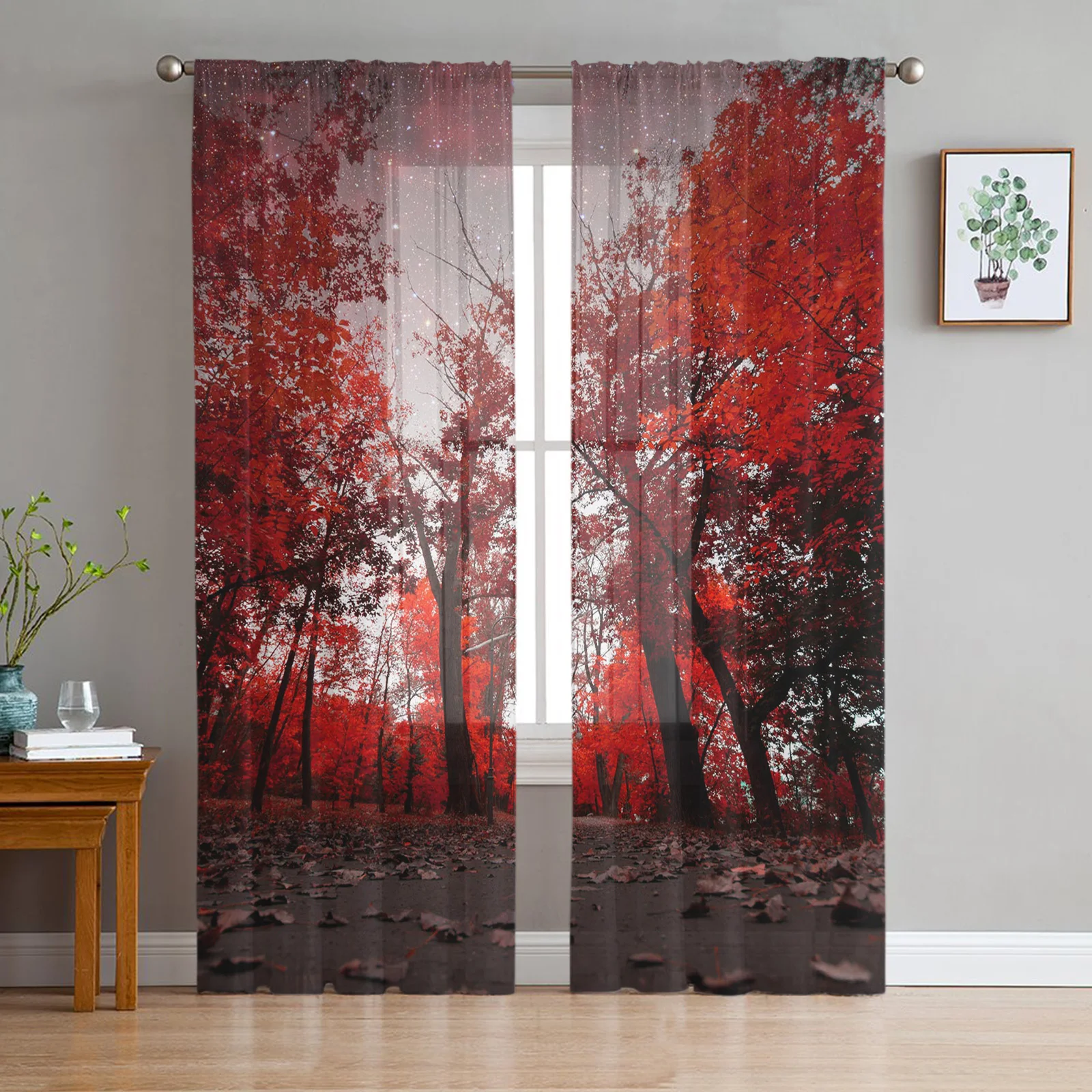 Autumn Maple Leaves Trees Texture Tulle Window Curtains Living Room ...