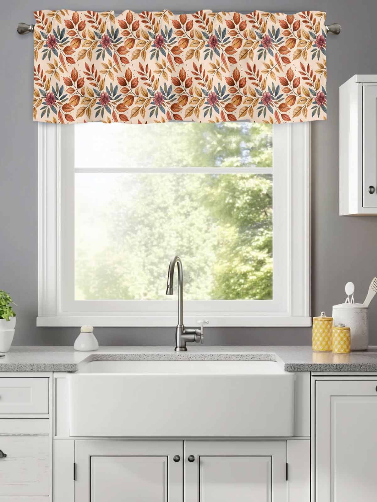 Autumn Maple Leaves Watercolor Valances for Windows,Kitchen Valance Rod ...